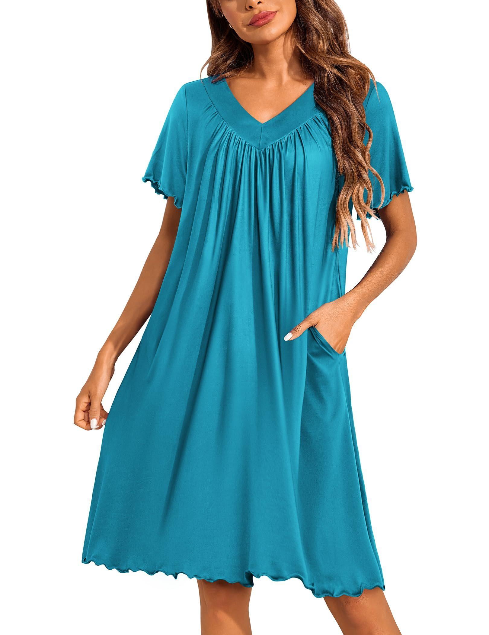 Ekouaer Women's House Dress with Pockets Moo Moo Nightgown V Neck ...