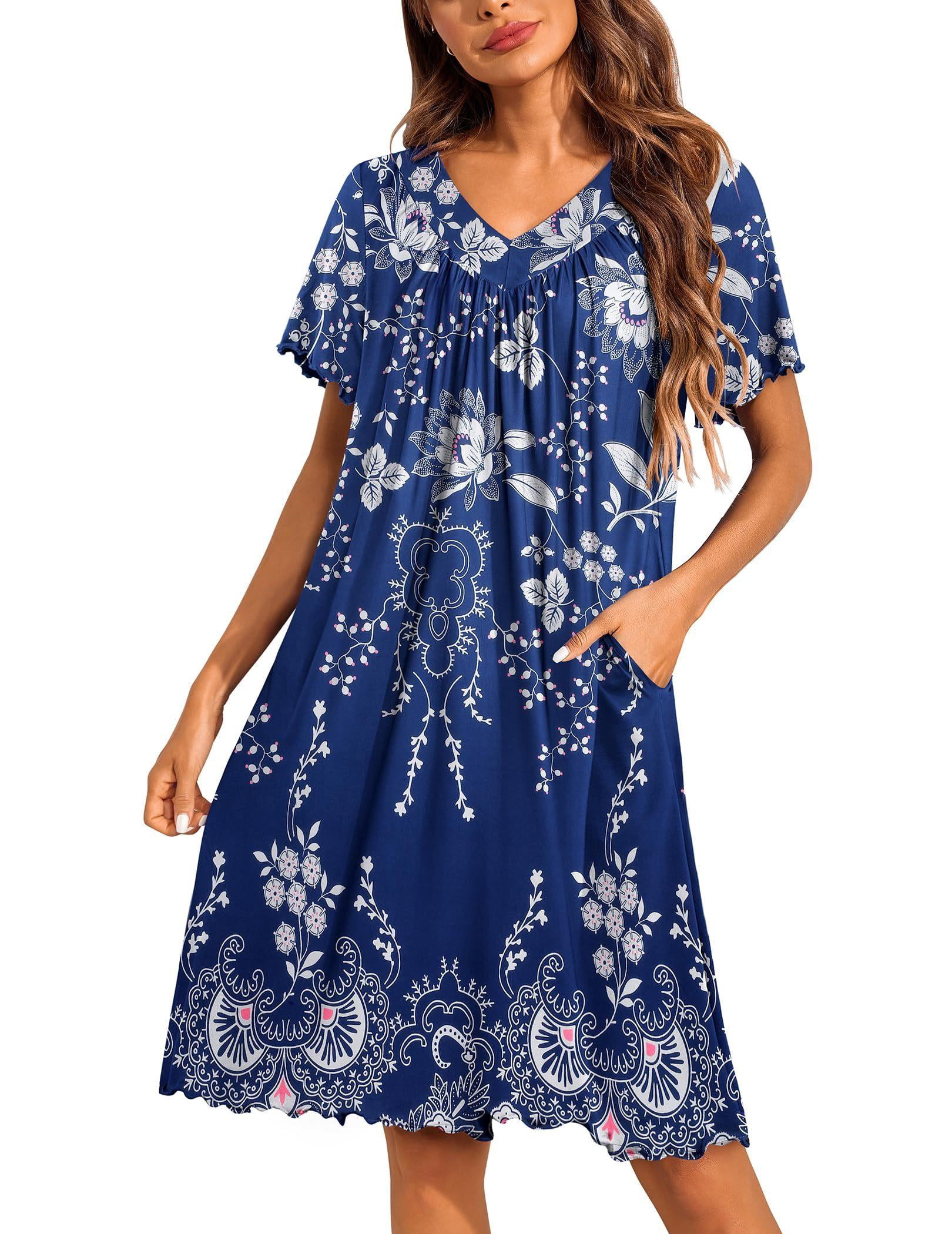 Ekouaer Women's House Dress with Pockets Moo Moo Nightgown V Neck ...