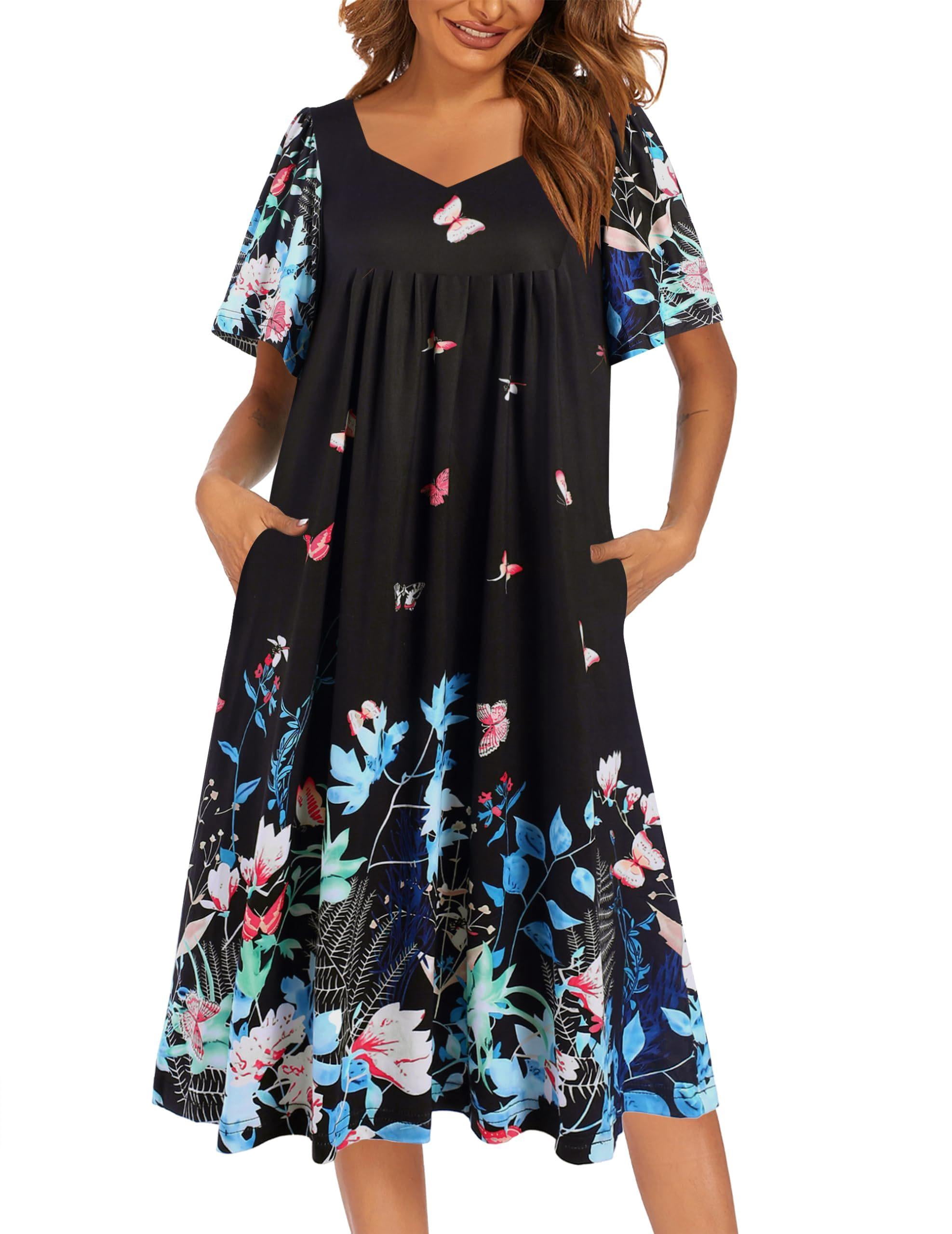 Ekouaer Women's Nightgown Pleated House Dress Short Sleeve Mumu Dress ...