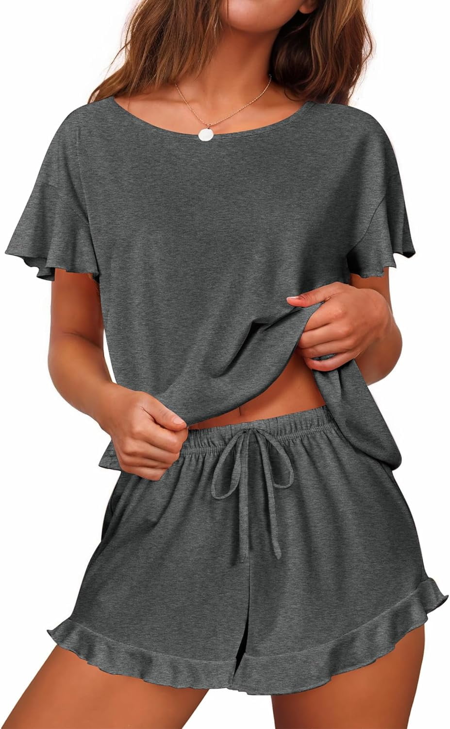 Ekouaer Women's Pajama Set Ruffle Sleeves Top and Short Soft 2 Piece ...