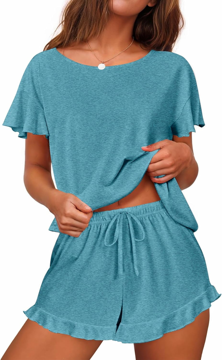 Ekouaer Women's Pajama Set Ruffle Sleeves Top and Short Soft 2 Piece ...