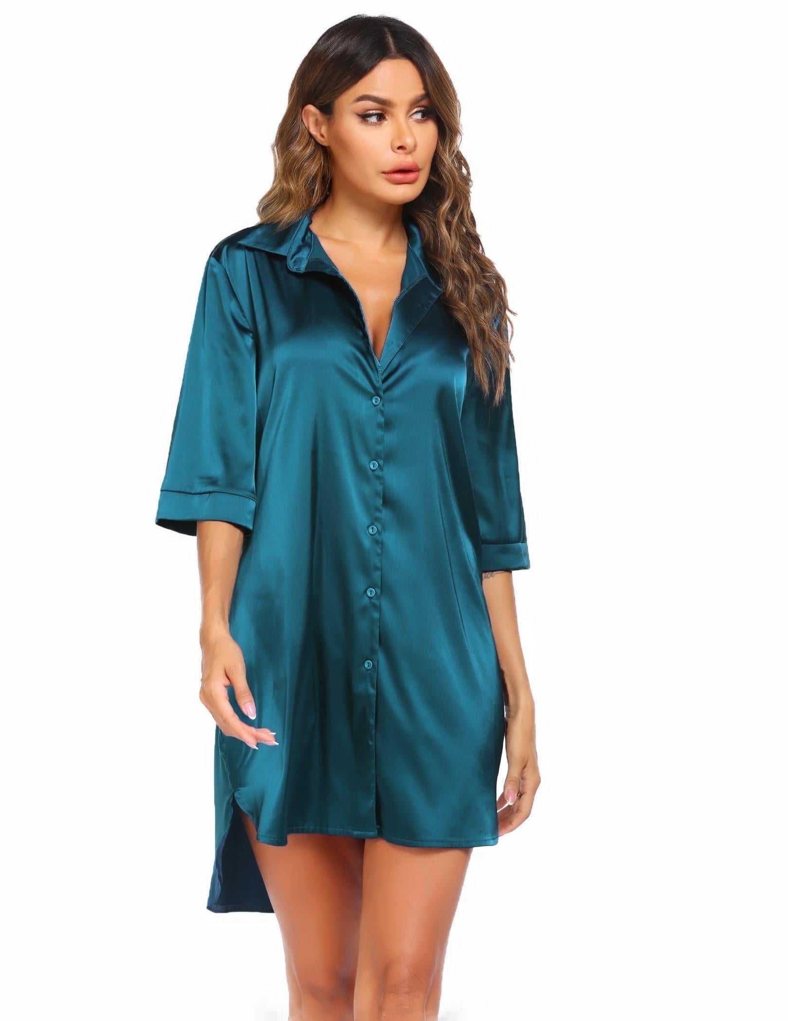 Ekouaer Women's Satin Nightshirt Button Down Sleepshirt Silk 3/4 Sleeve ...