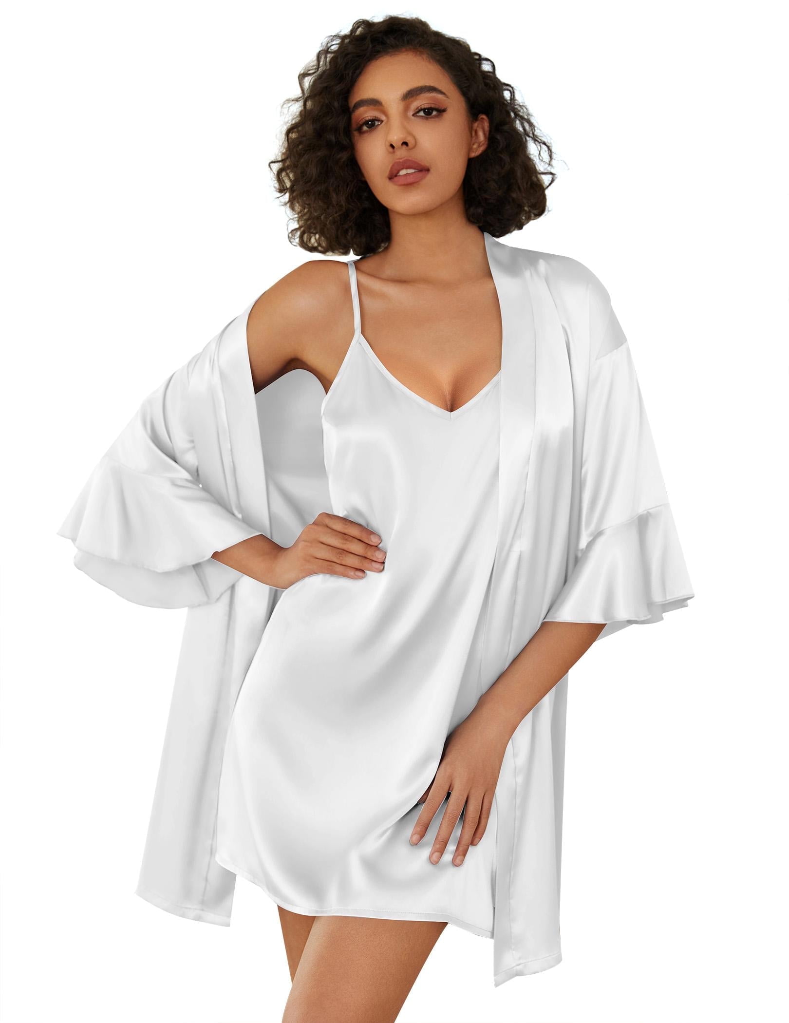 Ekouaer Women's Silk Robe Set V-neck 2 Piece Bridal Party Robes and ...