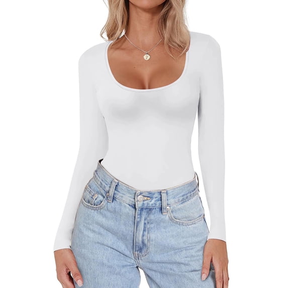 Ekouaer Women's Scoop Neck Long Sleeve Top Stretch Fitted Undershirt ...