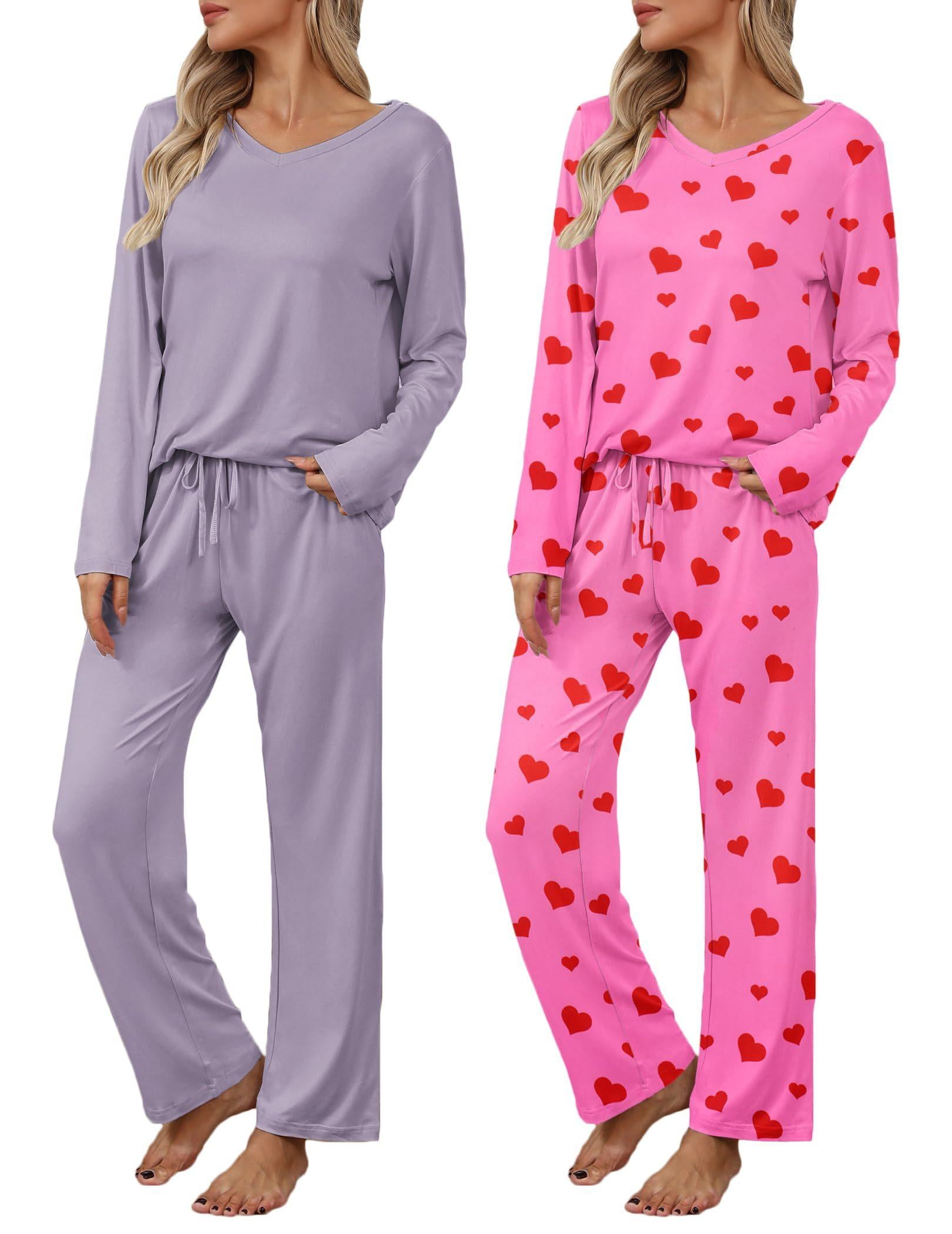 Ekouaer Womens 2 Pack Pajama Set Long Sleeve Pajamas Top and Pants V ...