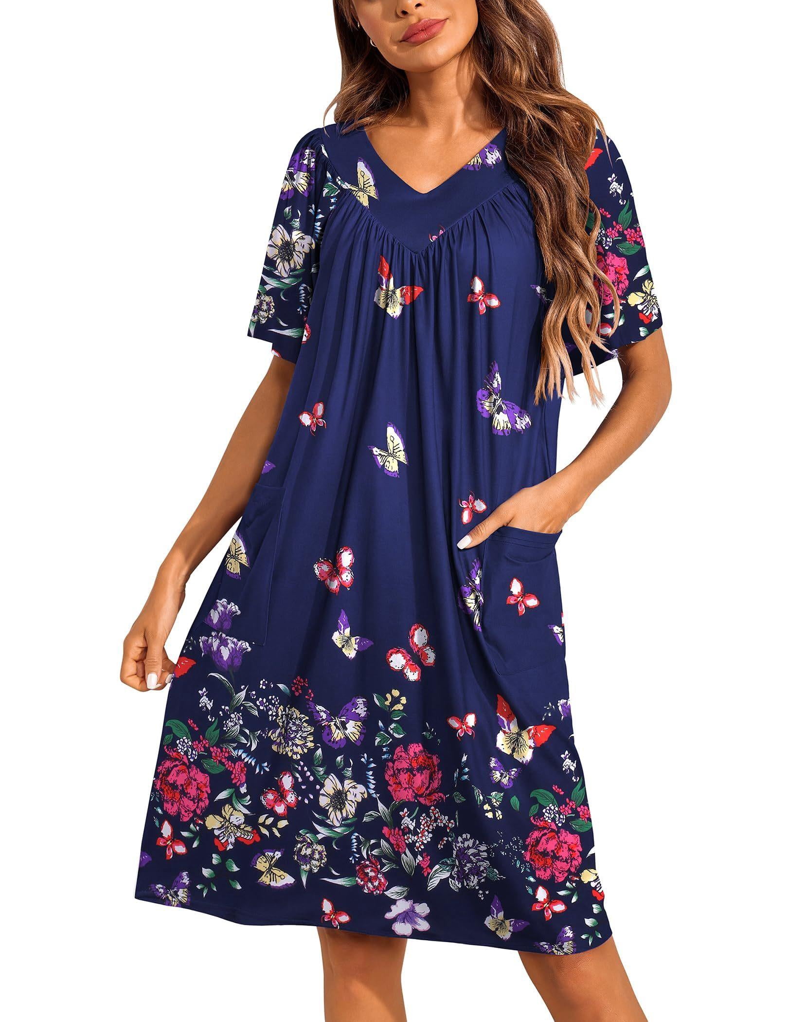 Ekouaer Womens House Dress Floral Print Nightgown with Pockets Mumu ...