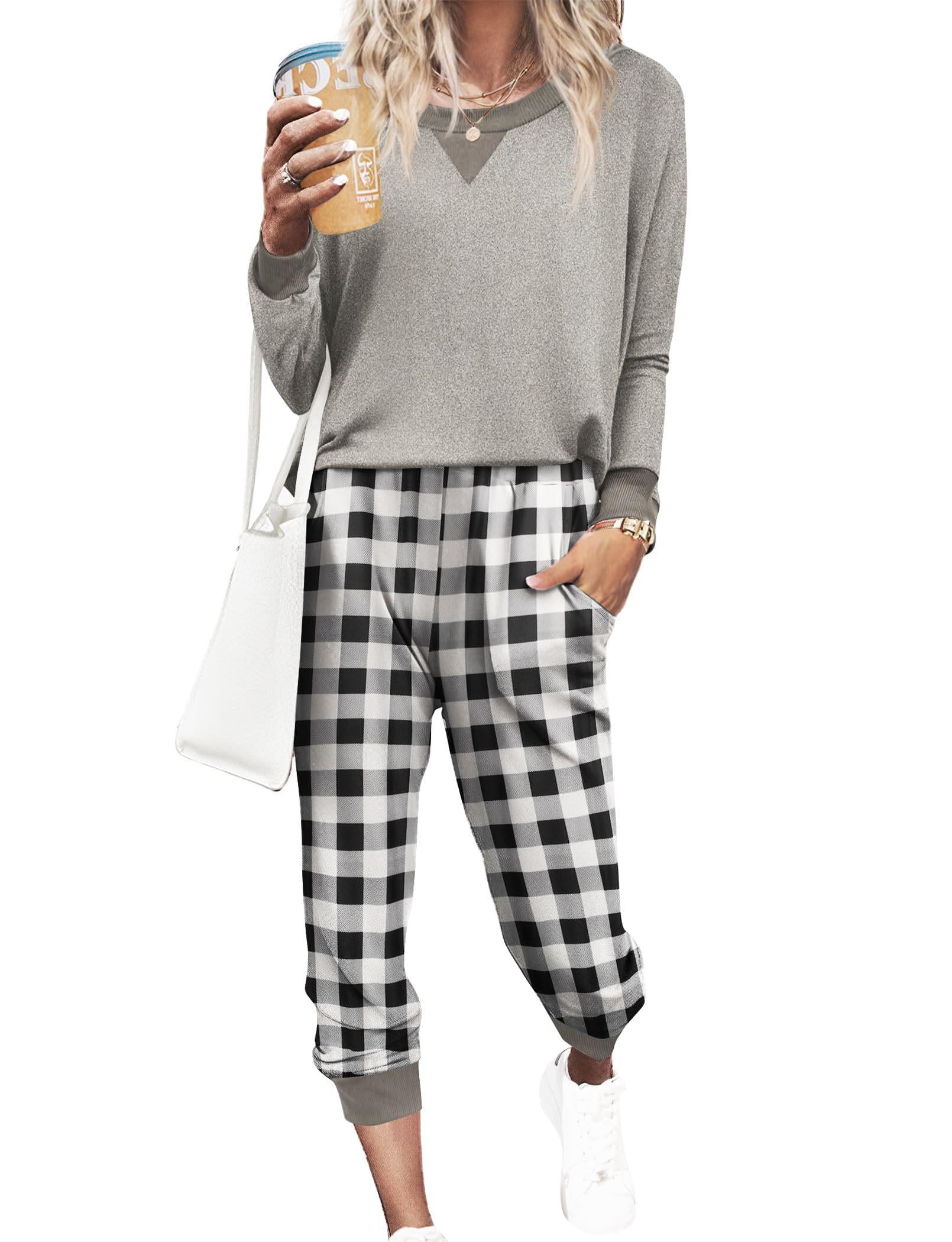 Ekouaer Womens Jogger Pajama Set Long Sleeve Pjs 2 Piece Gingham Lounge ...