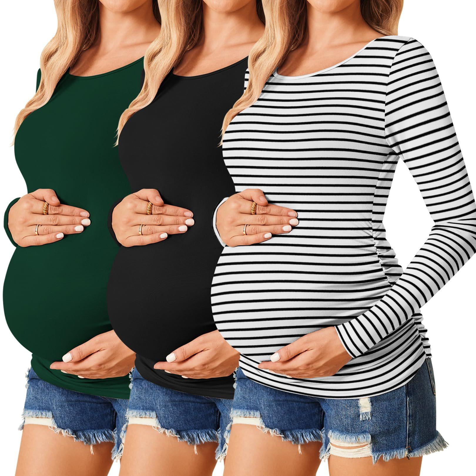 Ekouaer Womens Maternity Top Shirt Long Sleeve 3 Pack Pregnancy Tee ...