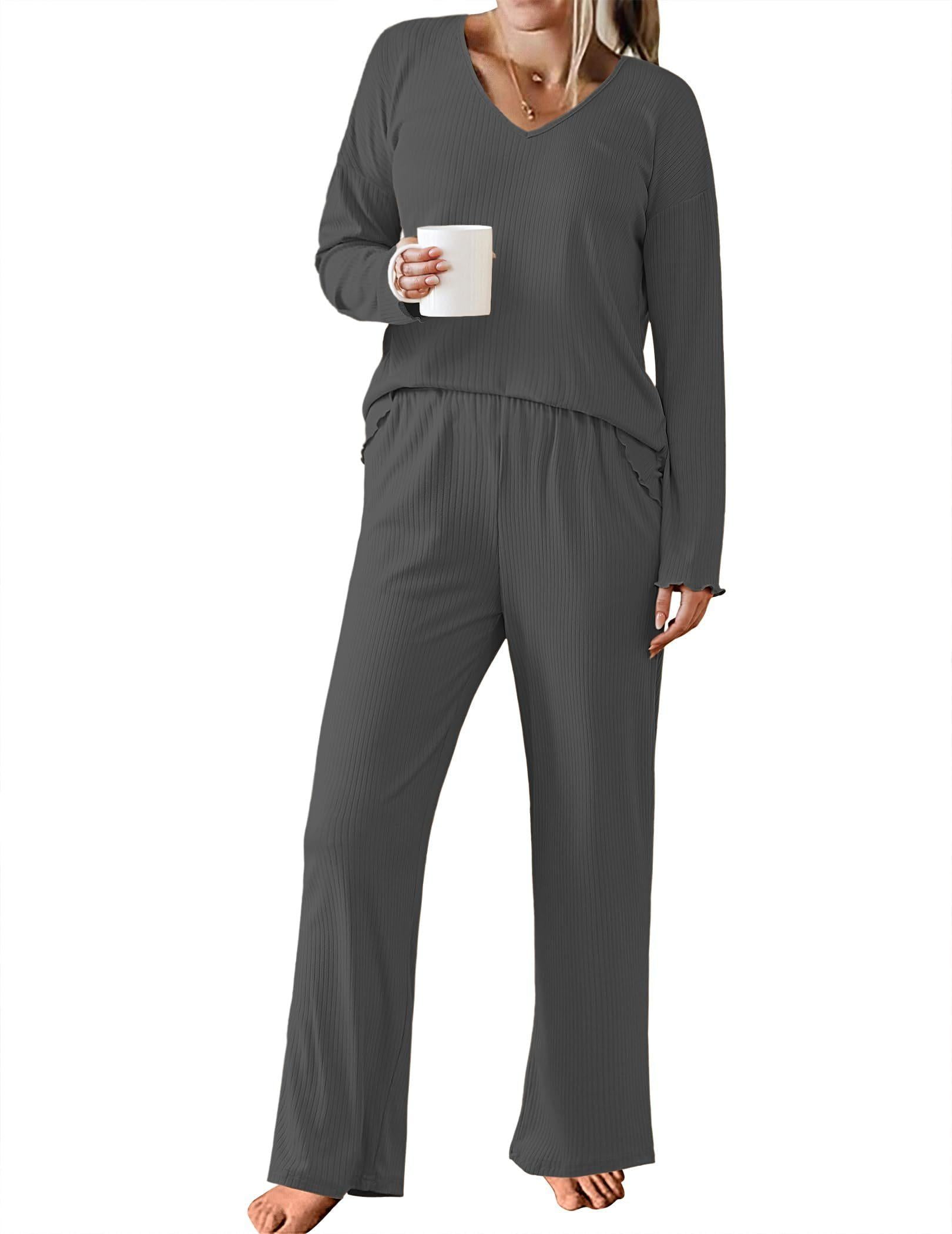 Ekouaer Womens Ribbed Knit Pajamas Set V Neck Long Sleeve Pj Set 2 ...