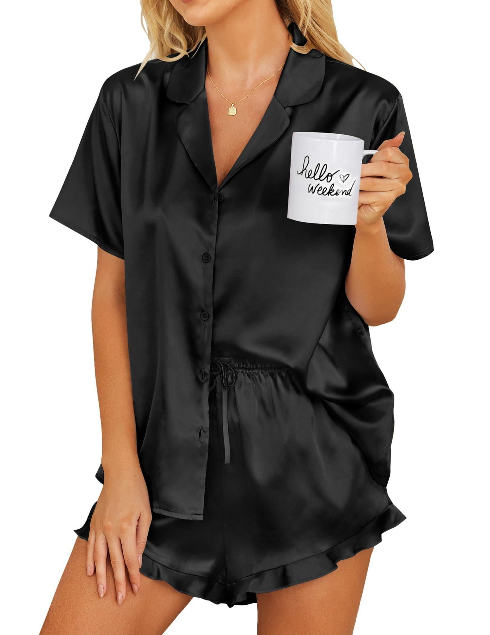 Ekouaer Womens Button Down Sleepwear Satin 2 Piece Silk Loungewear ...
