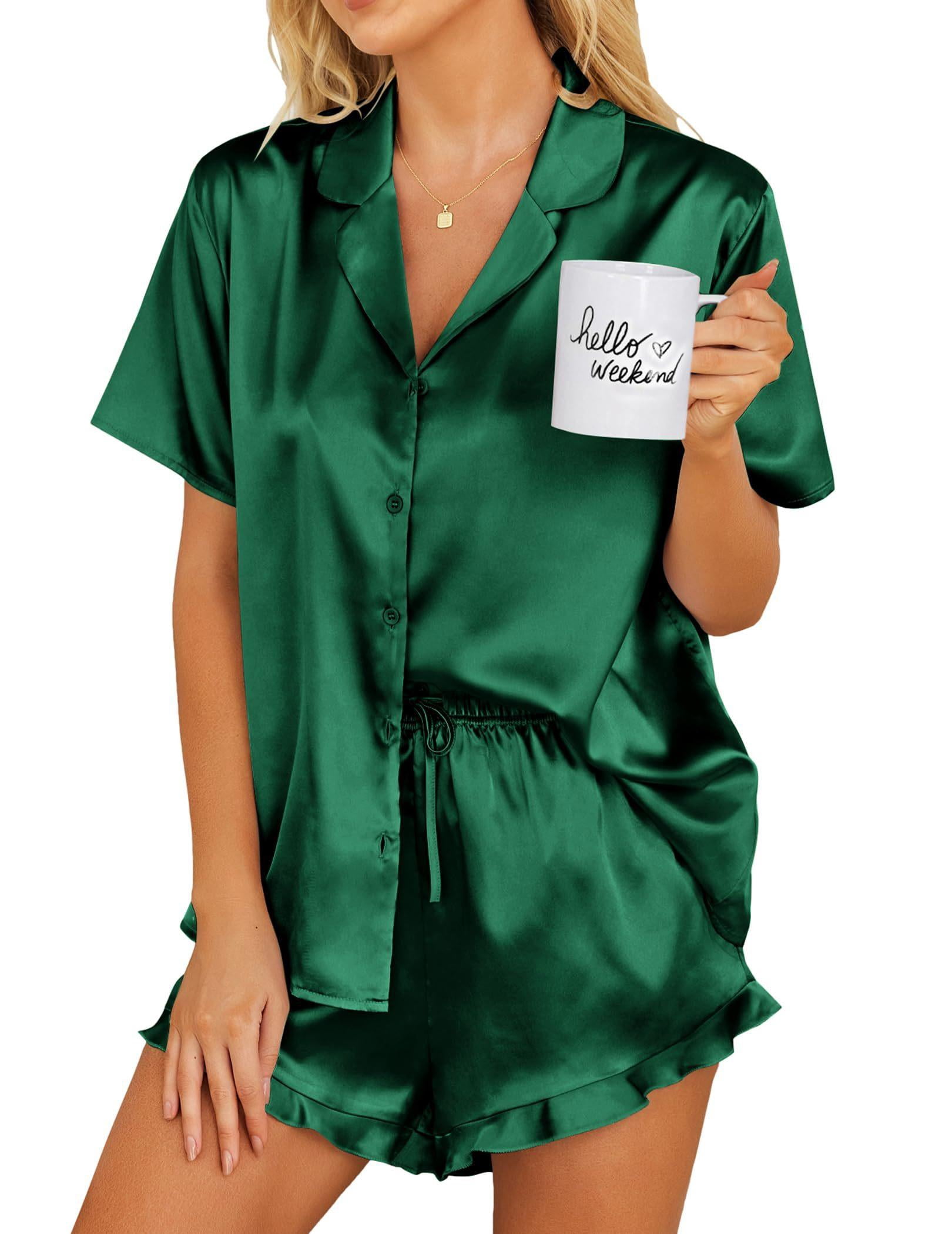 Ekouaer Womens Satin Pajamas Set Button Down 2 Piece Silk Pjs Shorts ...