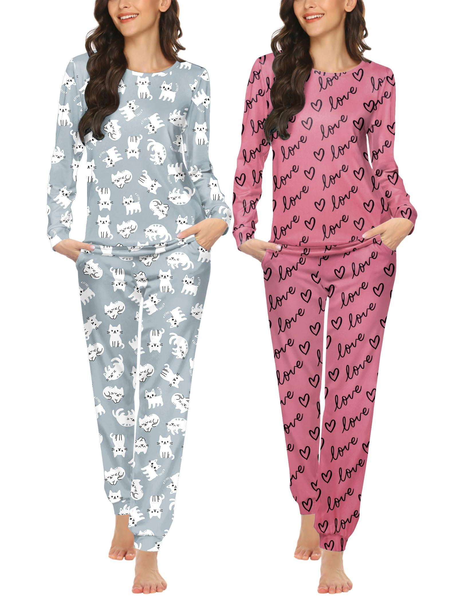 Ekouaer Womens Two Pack Sleep Set Long Sleeve Shirt and Jogger Bottoms ...