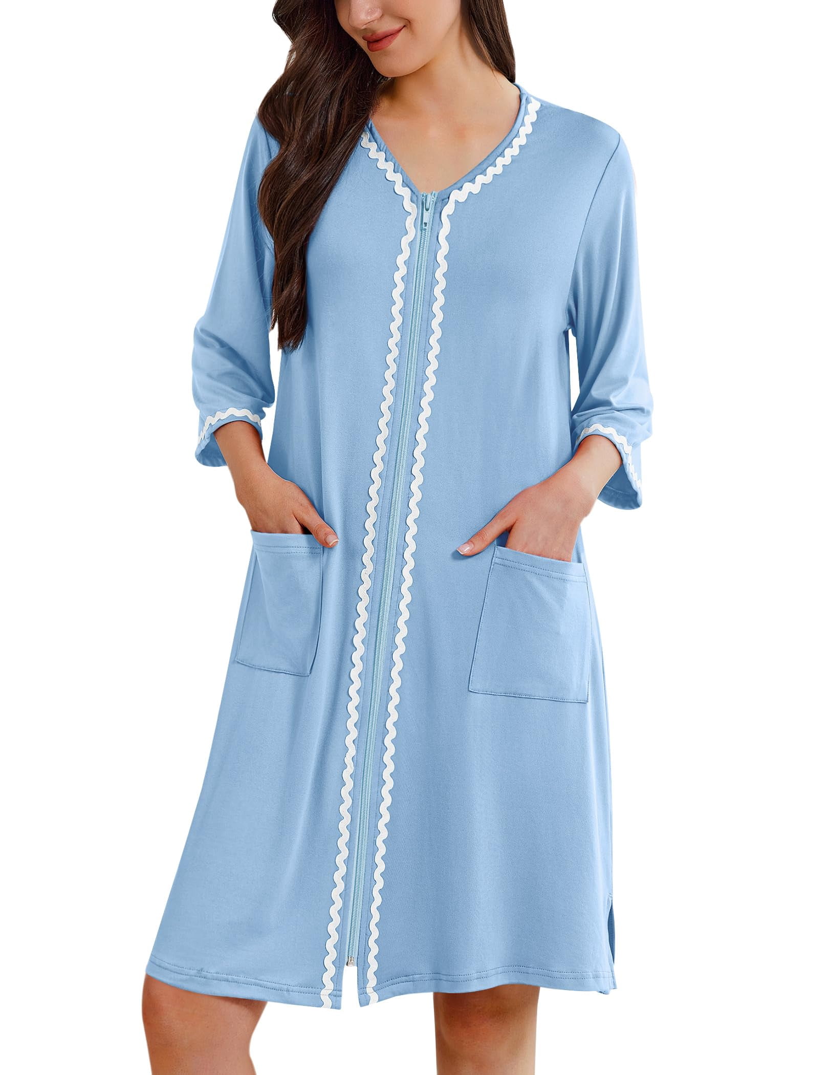 Ekouaer Zipper Robes for Women 3/4 Sleeves Lightweight House Coat Zip ...