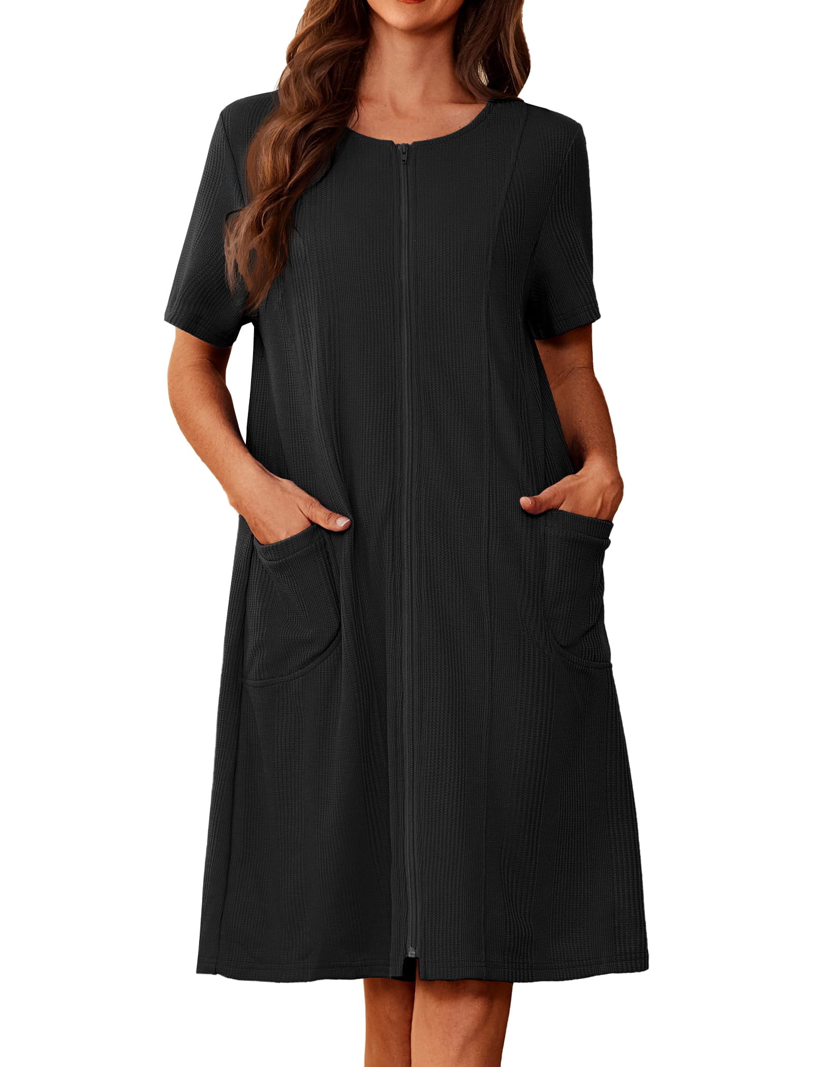 Ekouaer Zipper Robes for Women Short Sleeve Waffle Knit Bathrobe ...