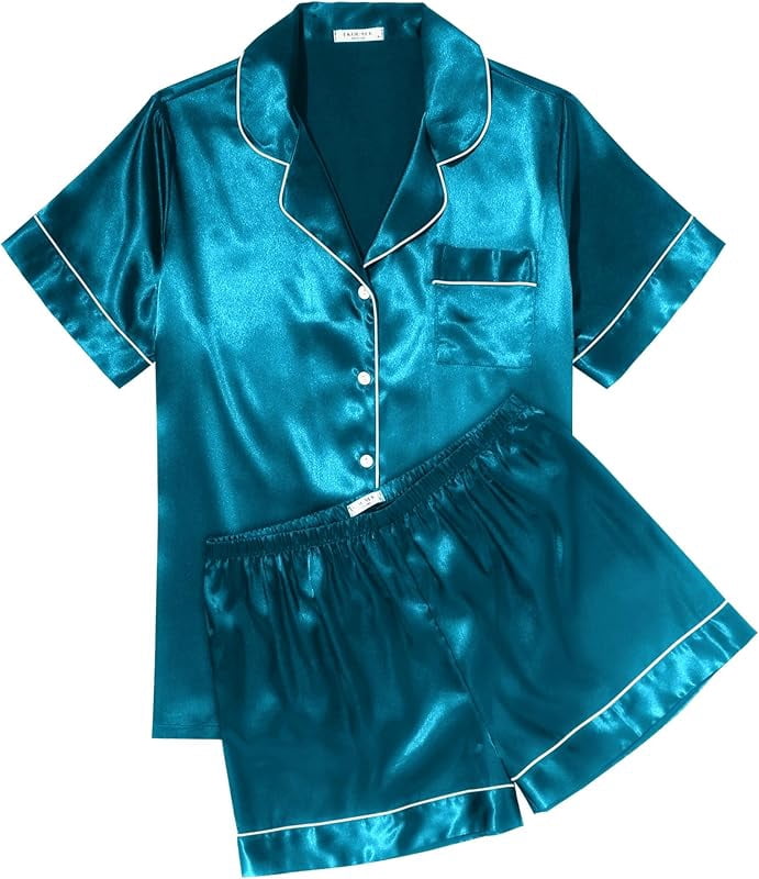 Ekouaer womens silk satin pajama sets soft short sleeve button down ...