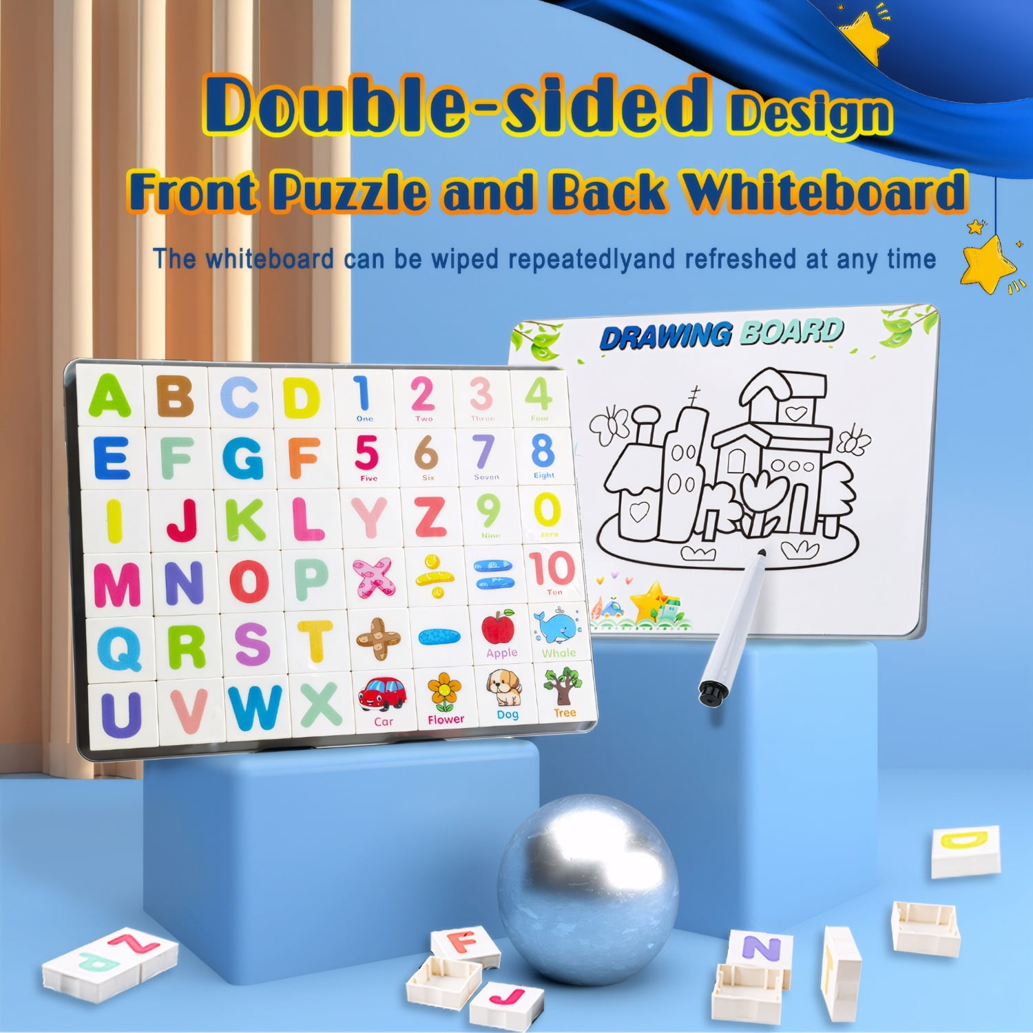 Ekuzi Toddler Blocks Toys Set - Educational Themes Puzzle with Drawing ...