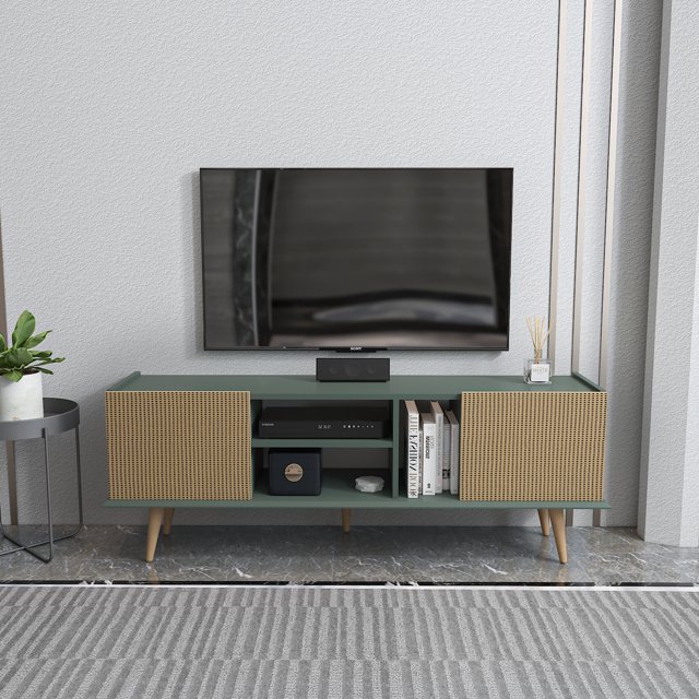Ekvador 63" Wide Tv Stand Silva Green & Rattan Pattern for TVs up to 70 ...