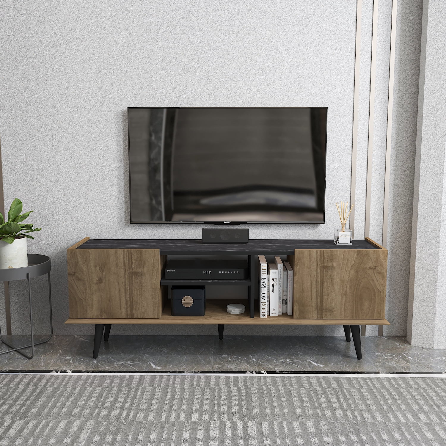 Ekvador 63" Wide Tv Stand Walnut & Black Marble Pattern for TVs up to ...