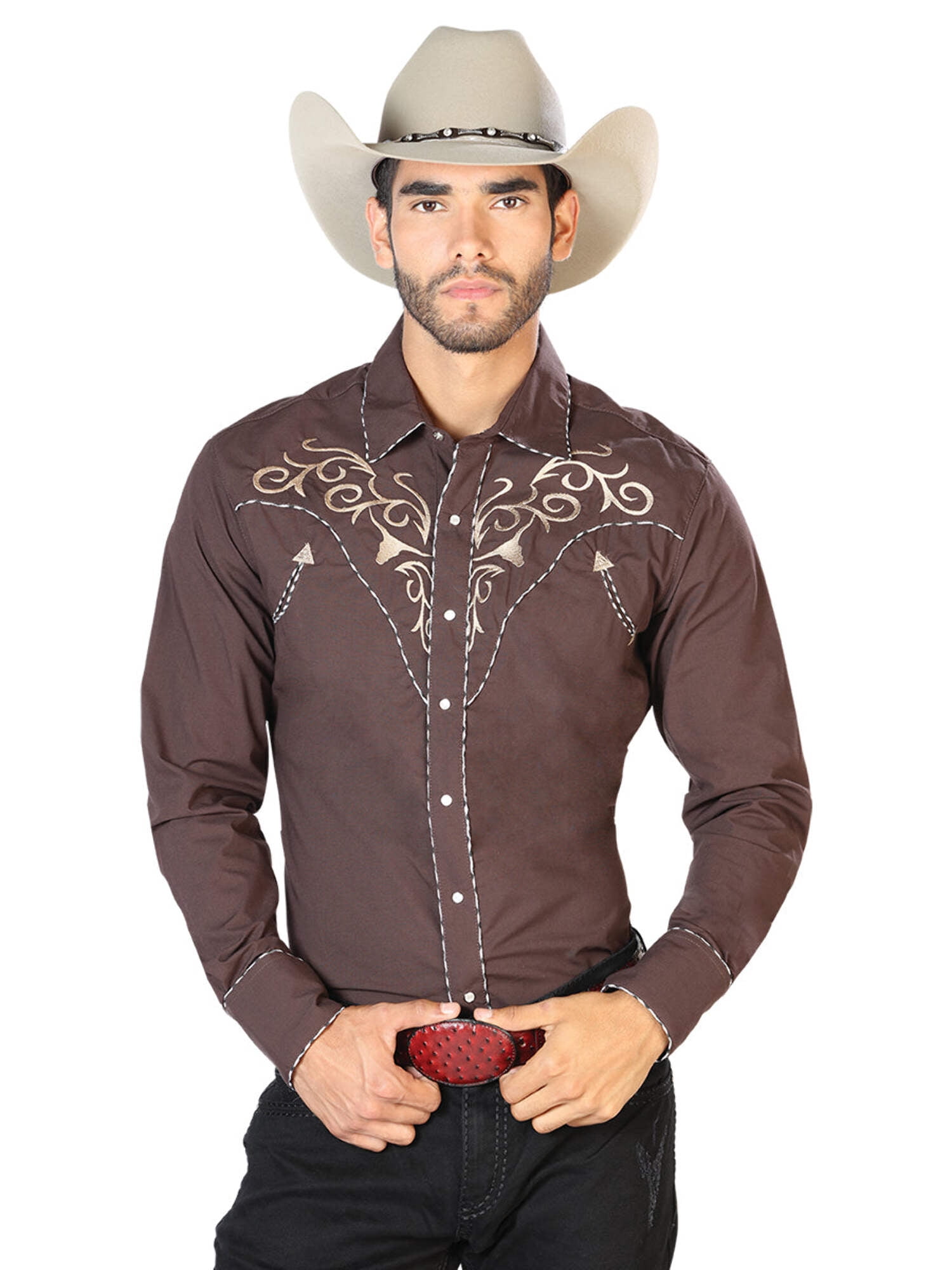El General Embroidery Western Shirt Brown/Gold 42891 - Walmart.com
