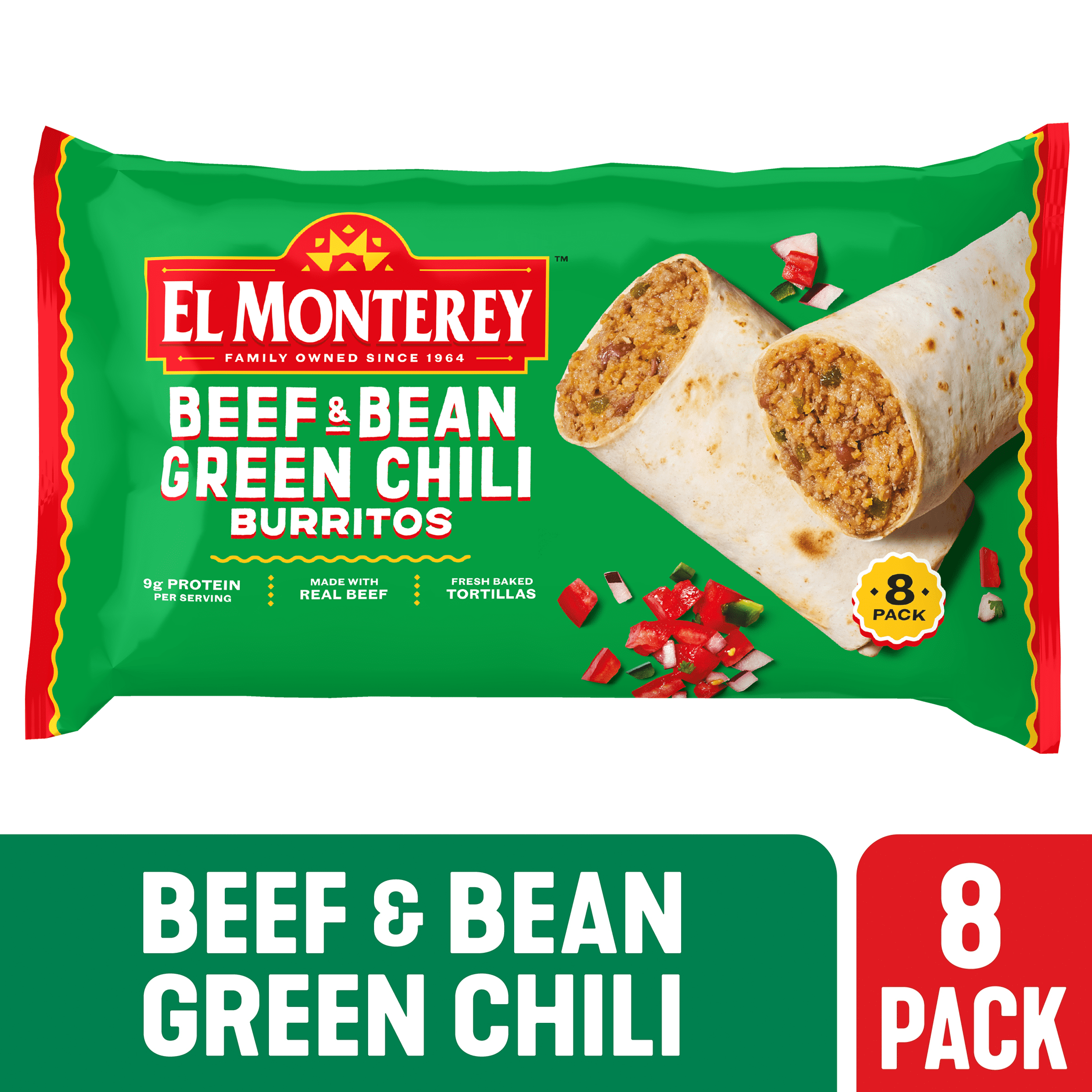 El Monterey Beef & Bean Green Chili Burritos, 32 oz, 8 Frozen Burritos ...
