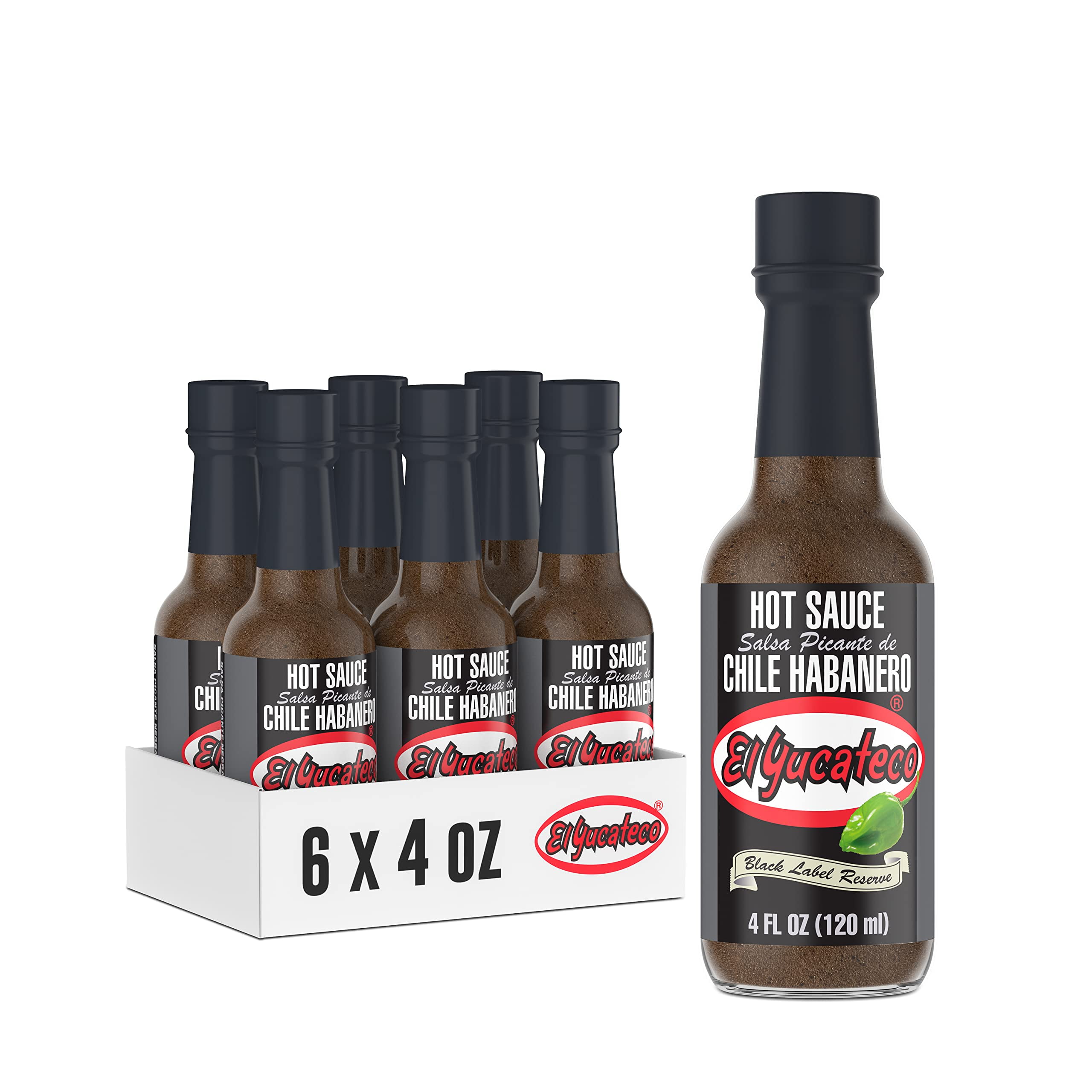 El Yucateco Black Label Reserve Habanero Sauce, 4 oz, 6 Pack, 5,000 ...