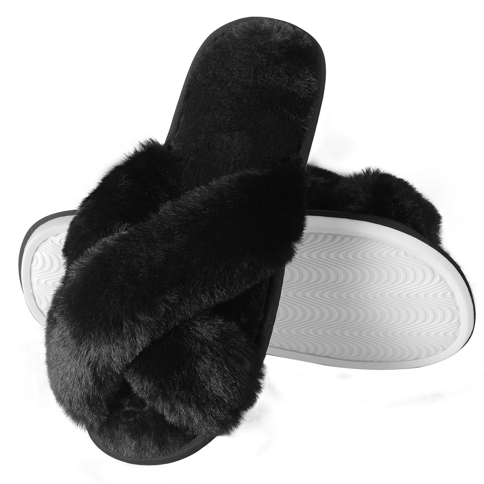 ElElax Women's Cross Band Slippers, Plush Furry Soft House Slippers ...