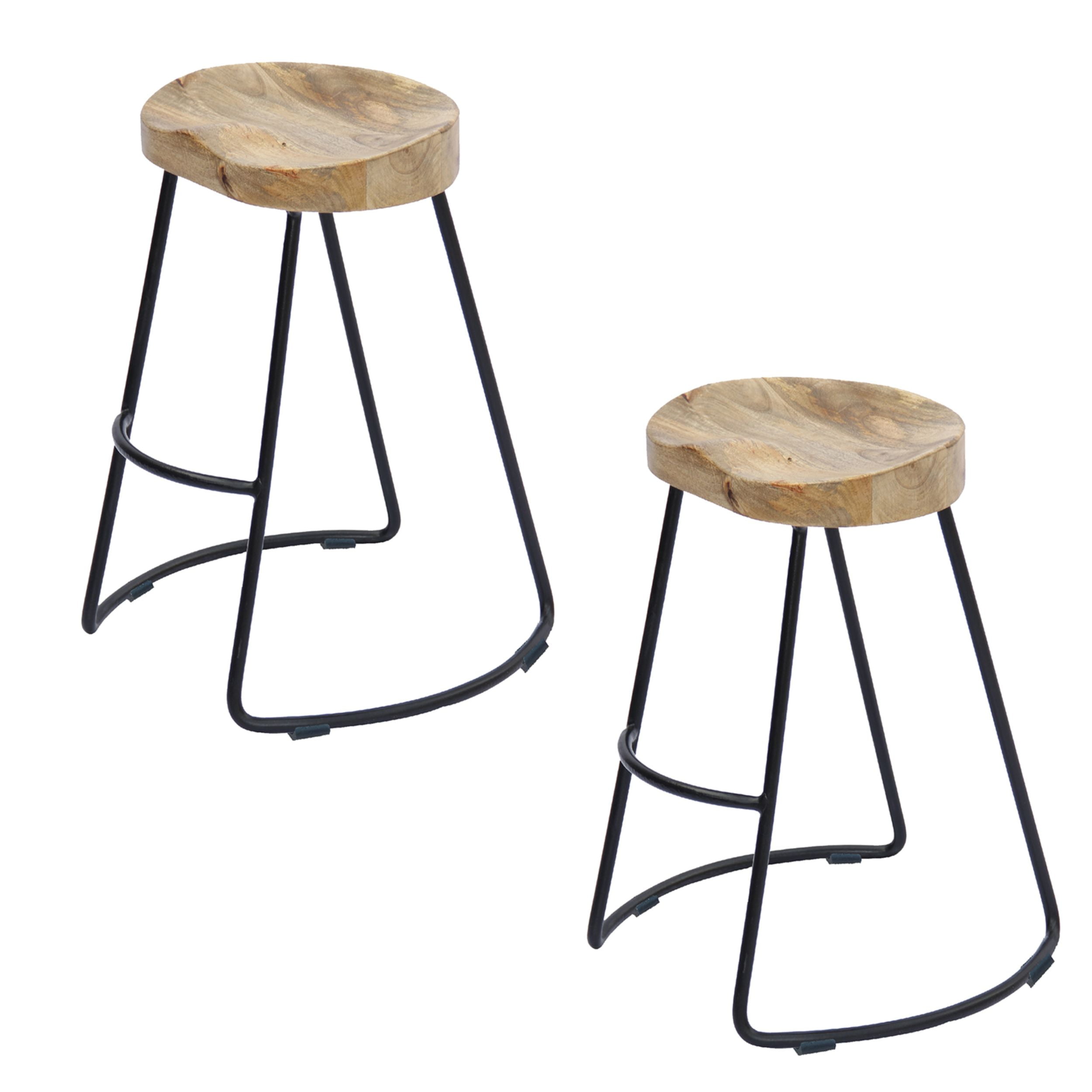 Ela Mango Wood Industrial Bar Stools with Saddle Seats, Set of 2, Brown ...