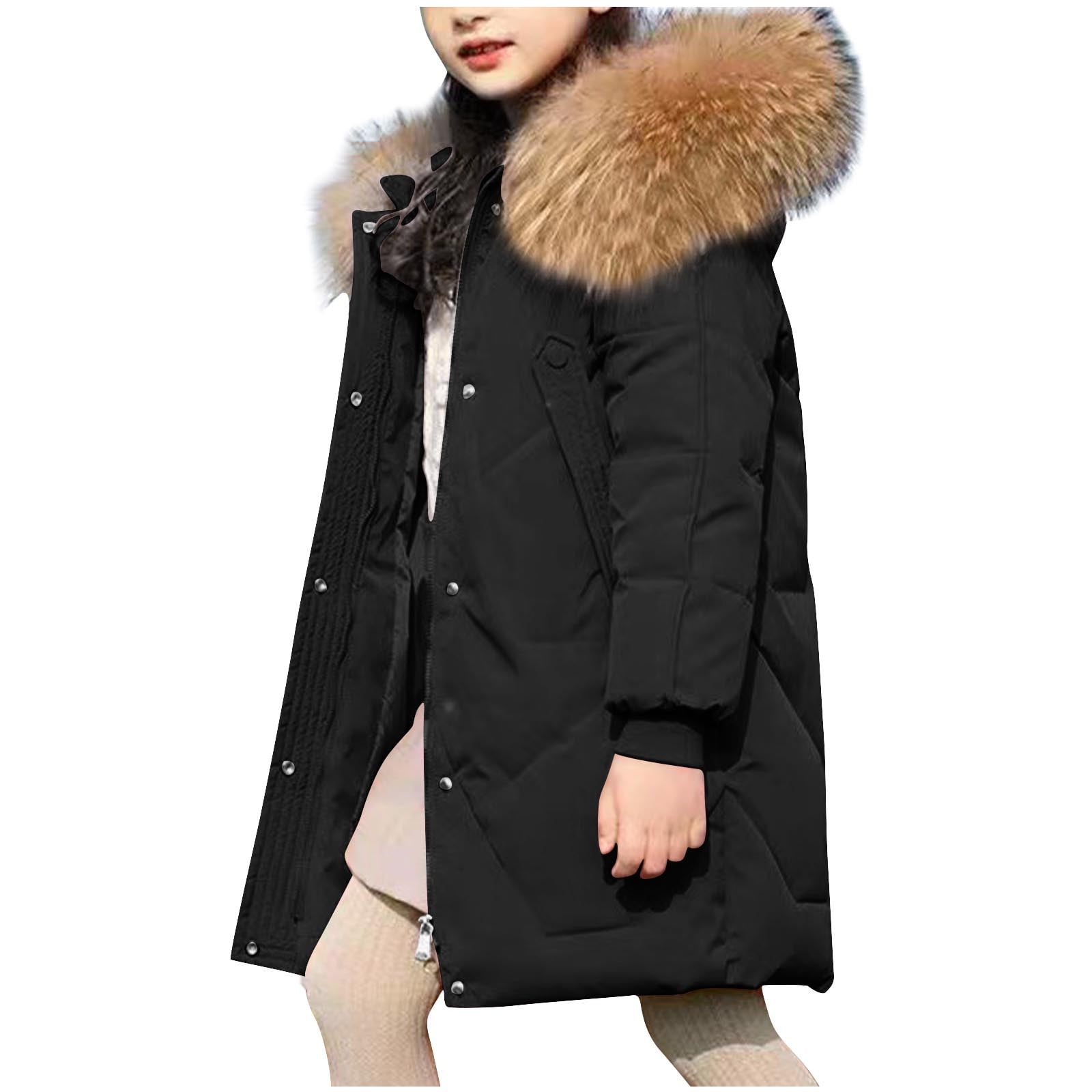 Elabch Girls Long Winter Coats Parka Puffer Jacket for Kids Faux Fur ...
