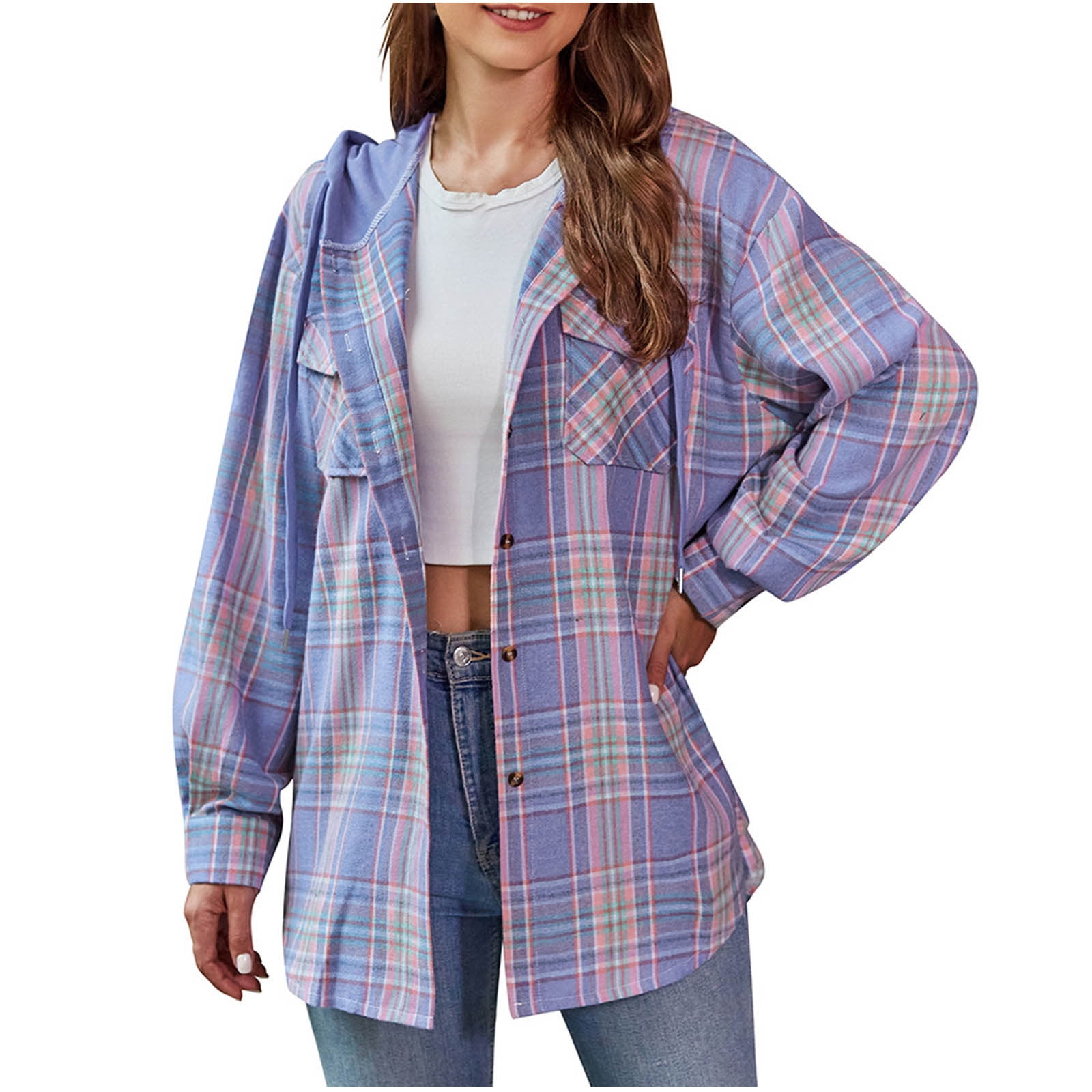 Elabch Shacket Jackets for Women Plaid Hoodies Flannel Shacket Jacket ...