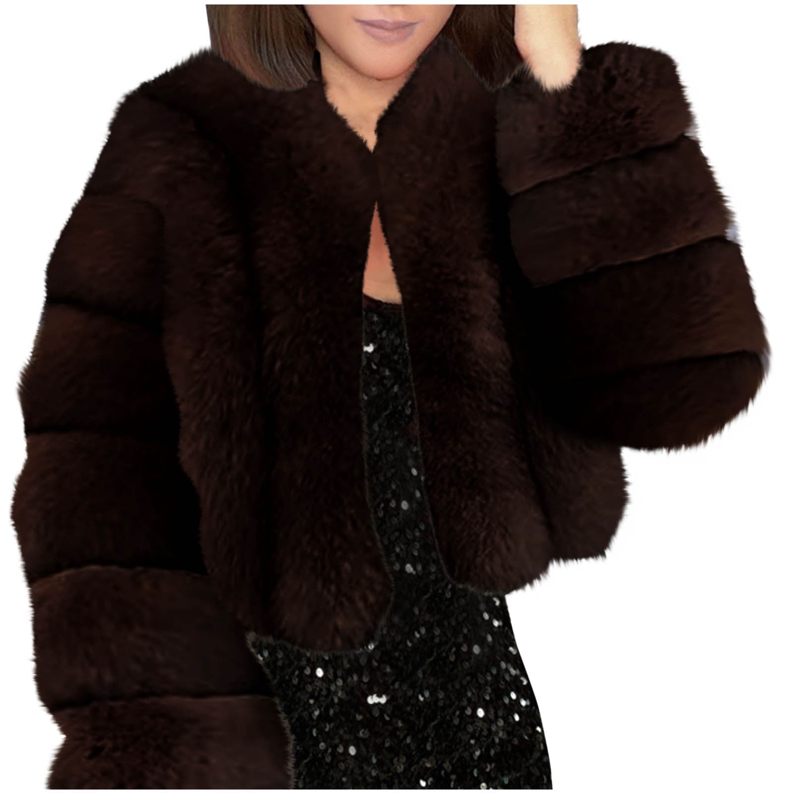 Elabch Women Fluffy Faux Fur Coat Cropped Puffer Jacket Zip Up Winter ...