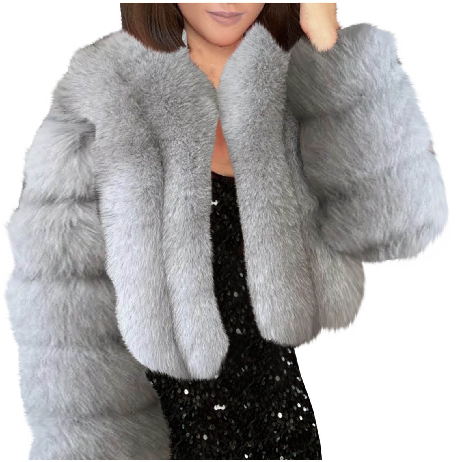 Elabch Women Fluffy Faux Fur Coat Cropped Puffer Jacket Zip Up Winter ...