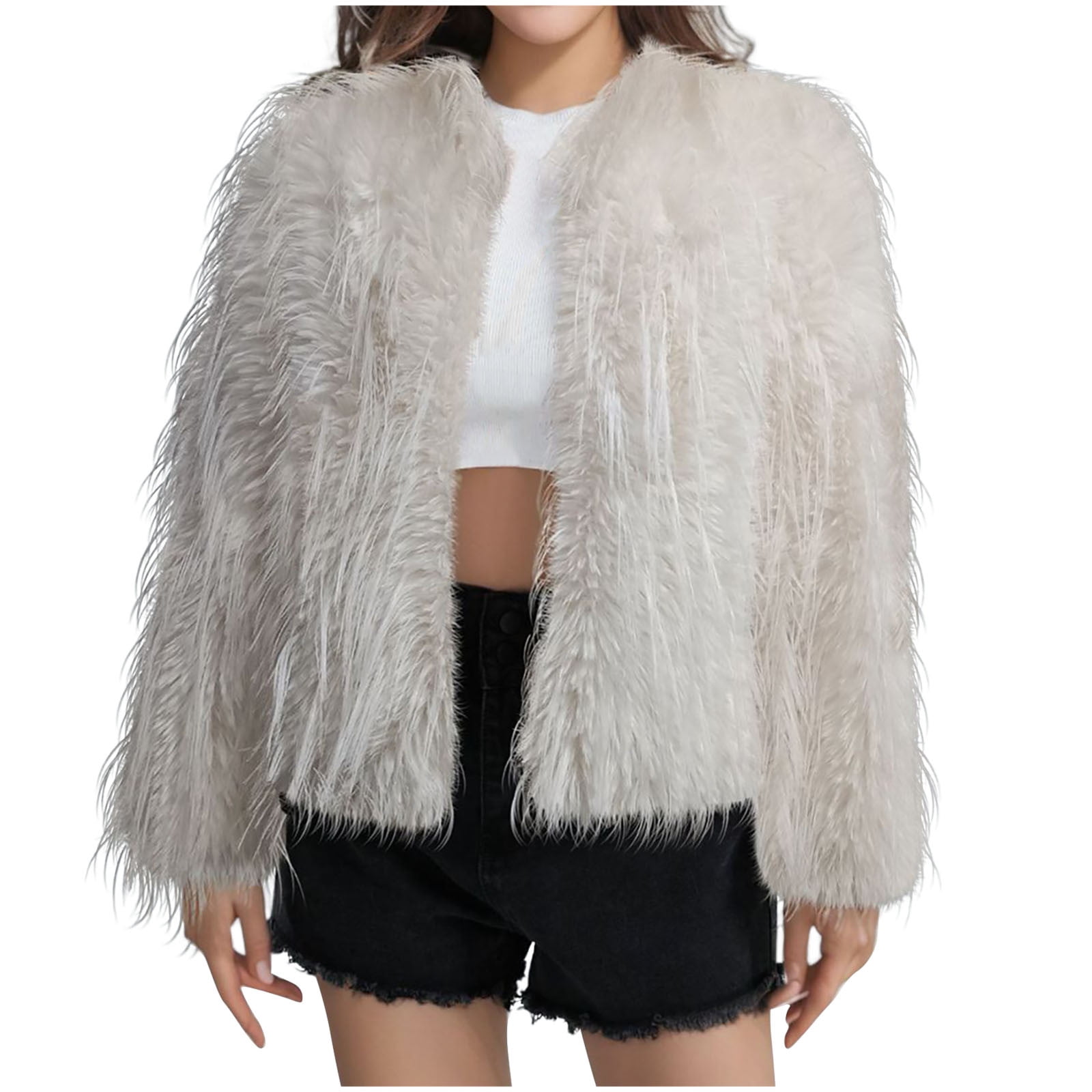 Elabch Womens Faux Fur Coat Long Sleeve Cropped Jacket Plus Size Open Front Furry Coats Warm ...