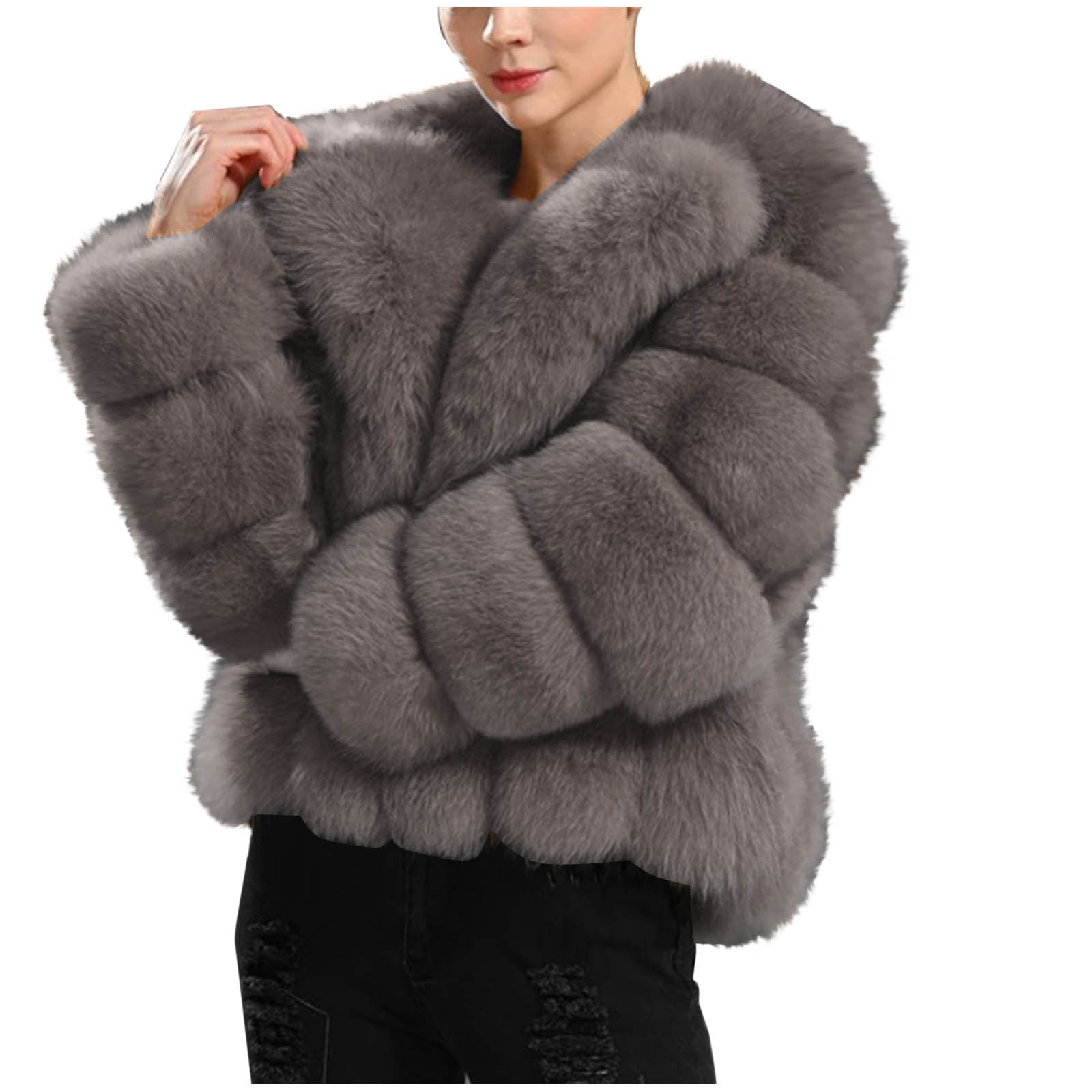 Elabch Womens Faux Fur Coat Winter Outerwear Faux Fur Long Sleeve Crop Jacket Shaggy Coat Open ...