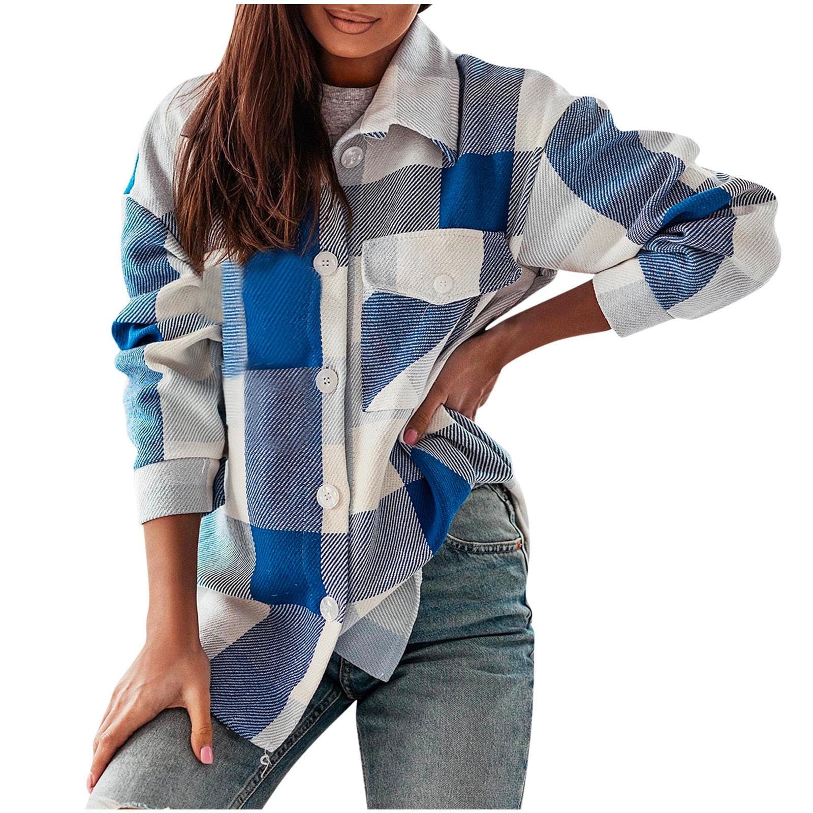 Elabch Womens Plaid Shirts Wool Shacket Jacket Long Sleeve Button Down ...