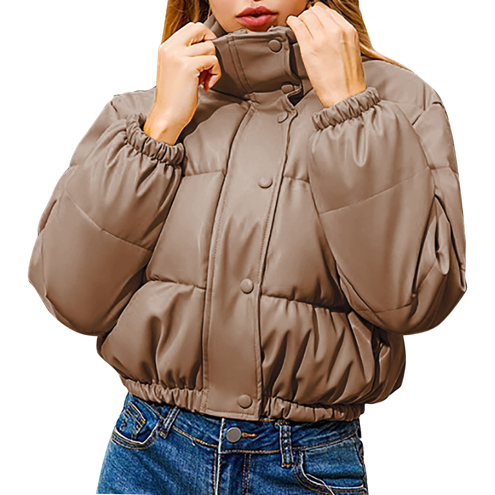 Elabch Womens Winter Quilted Jackets Button Puffer Jacket PU Leather ...