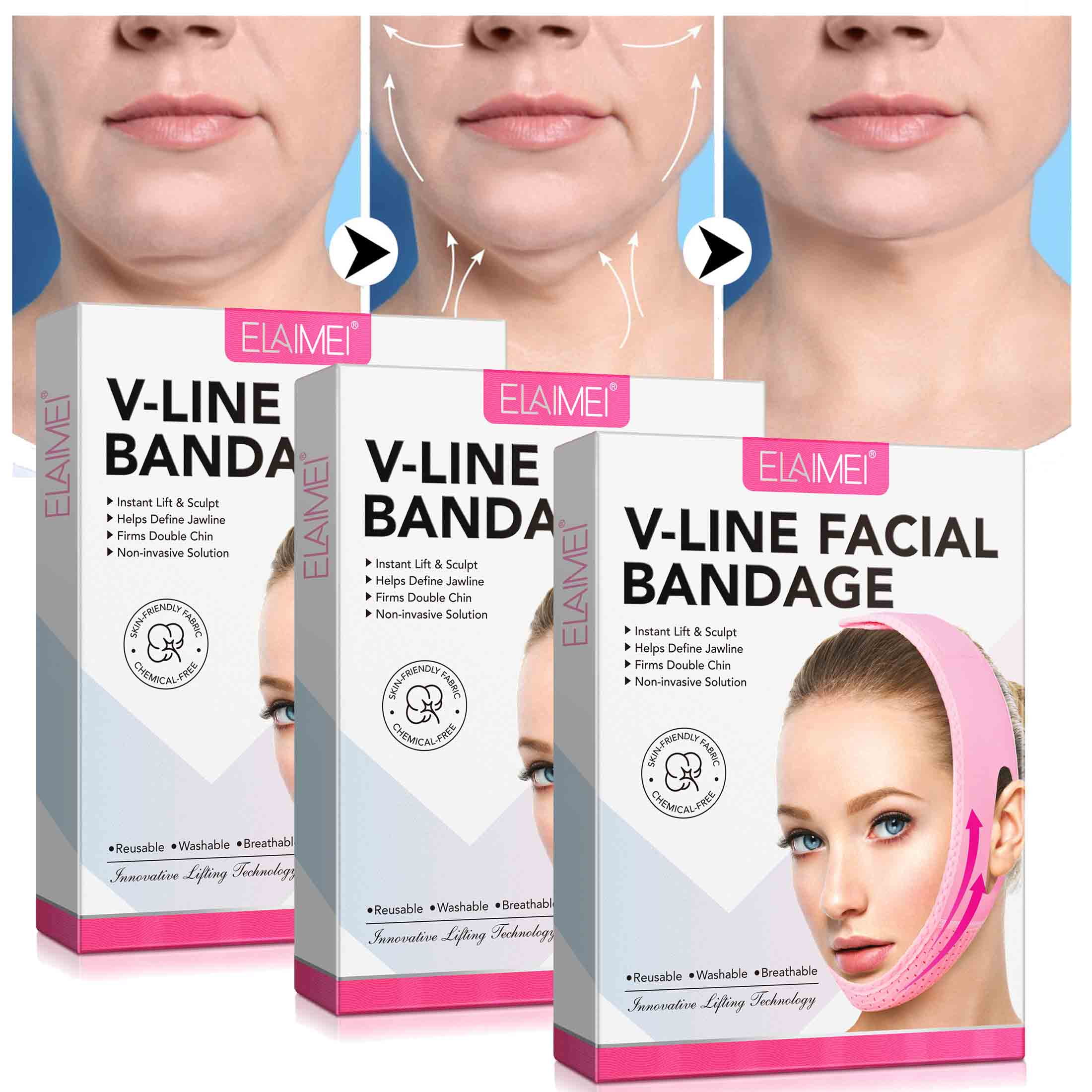 Elaimei 3-Pack Elastic Face Slimming Bandage,V-Line Facial Mask,Soft Silicone Chin Strap for ...
