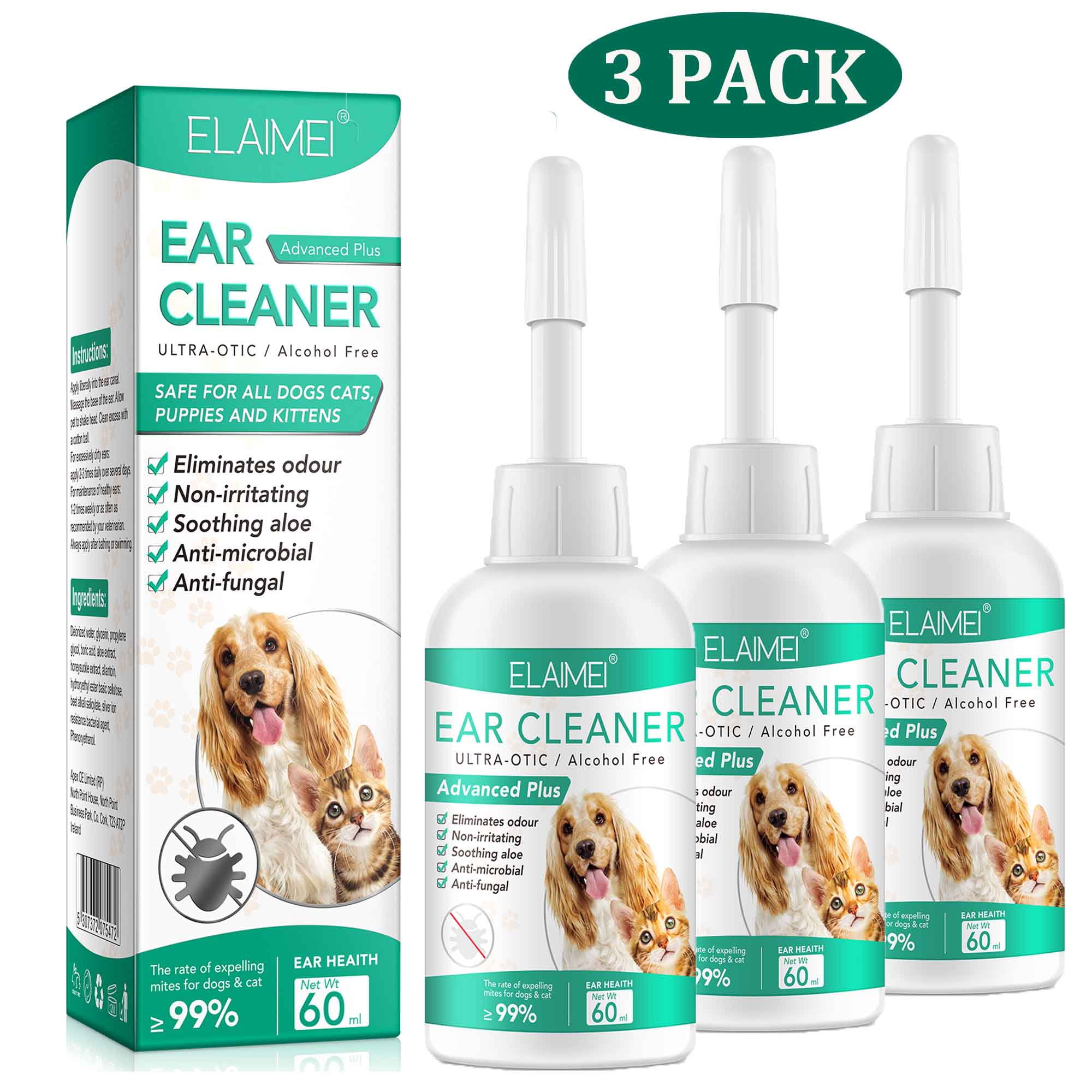 Elaimei Ear Cleaner Solution for Dog Cat, Dog Cleaning Drops for Earwax ...