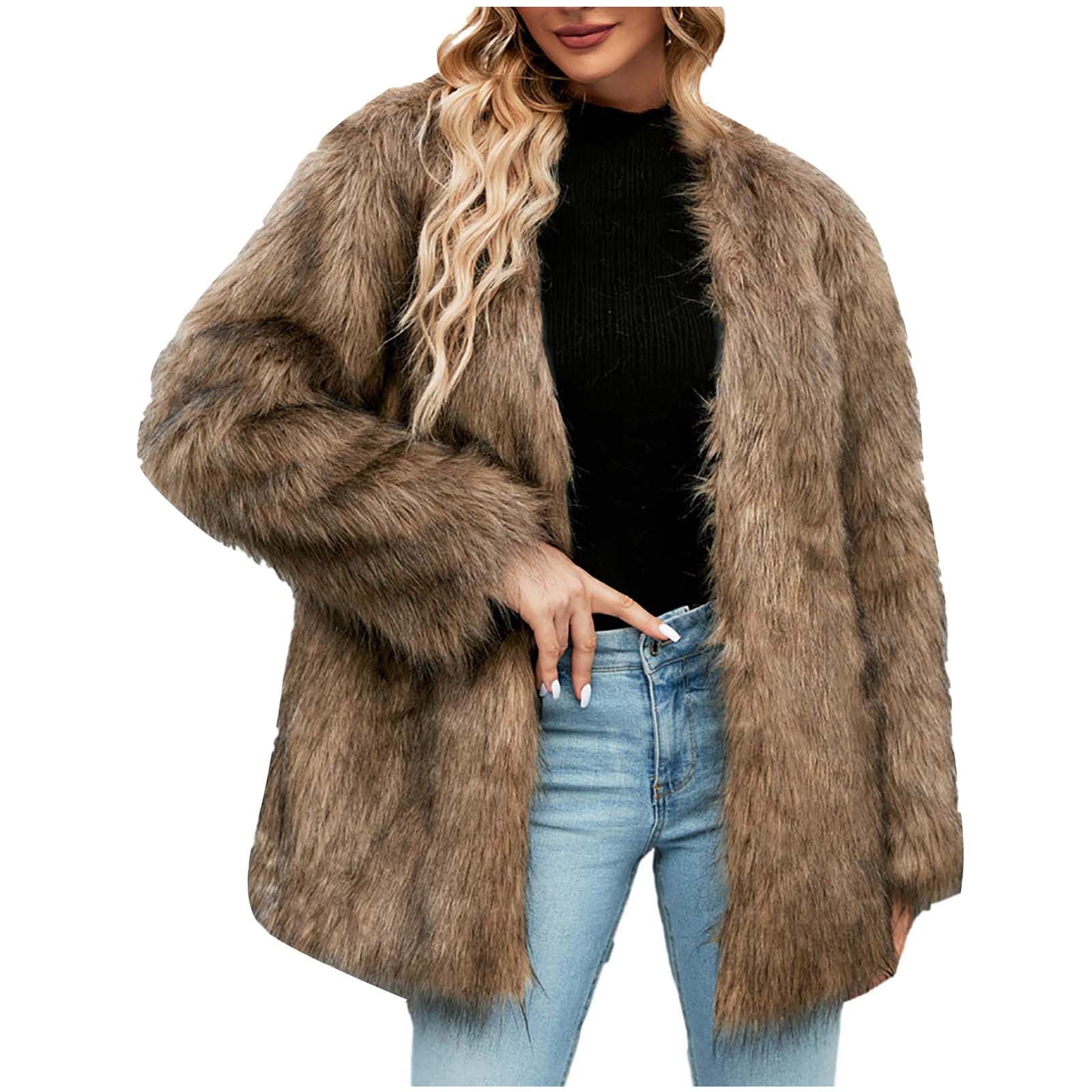 Elainilye Fashion Faux Fur Coat for Women Winter Warm Faux Furry Long ...