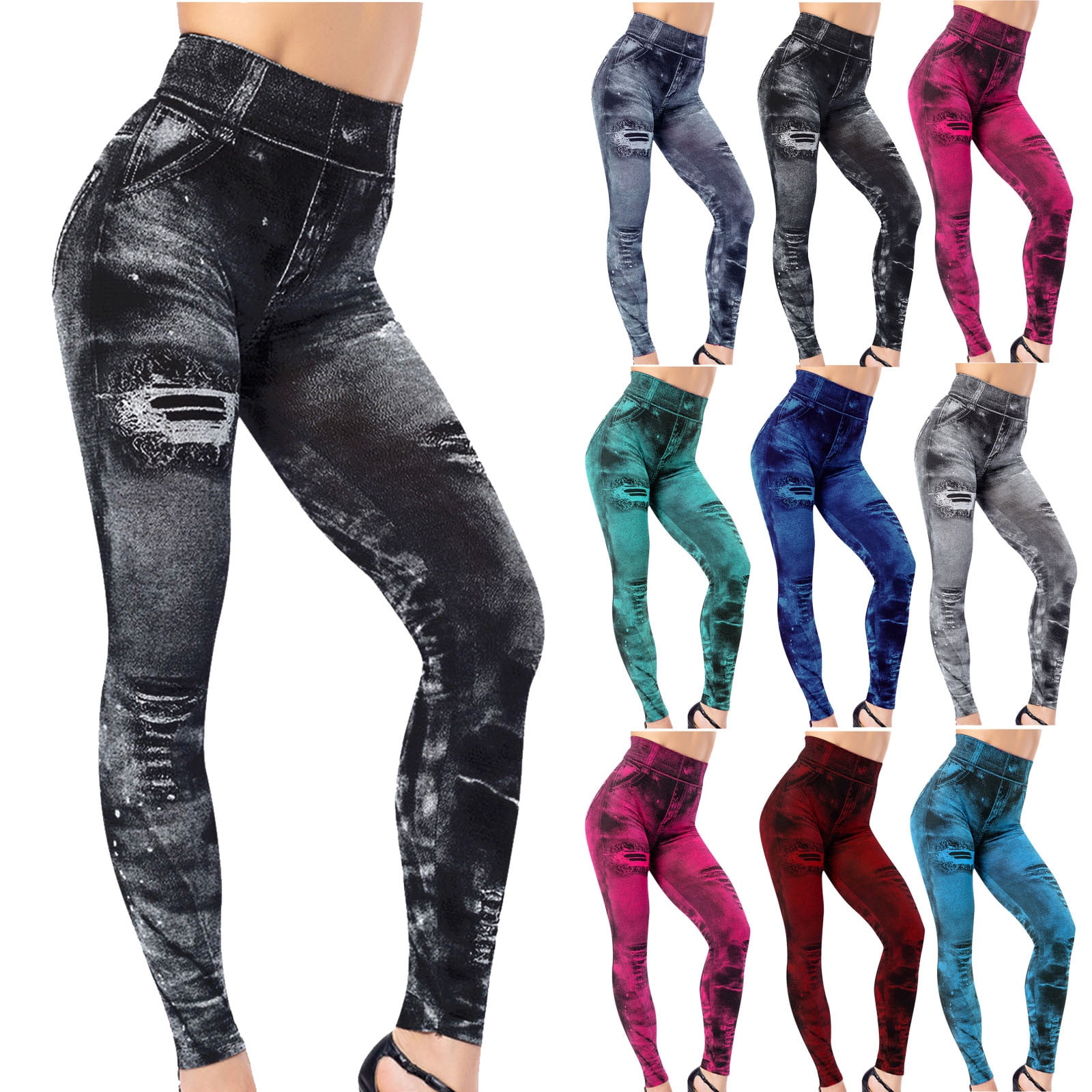 Elainilye Fashion Leggings for Women Casual Imitation Denim Printed ...