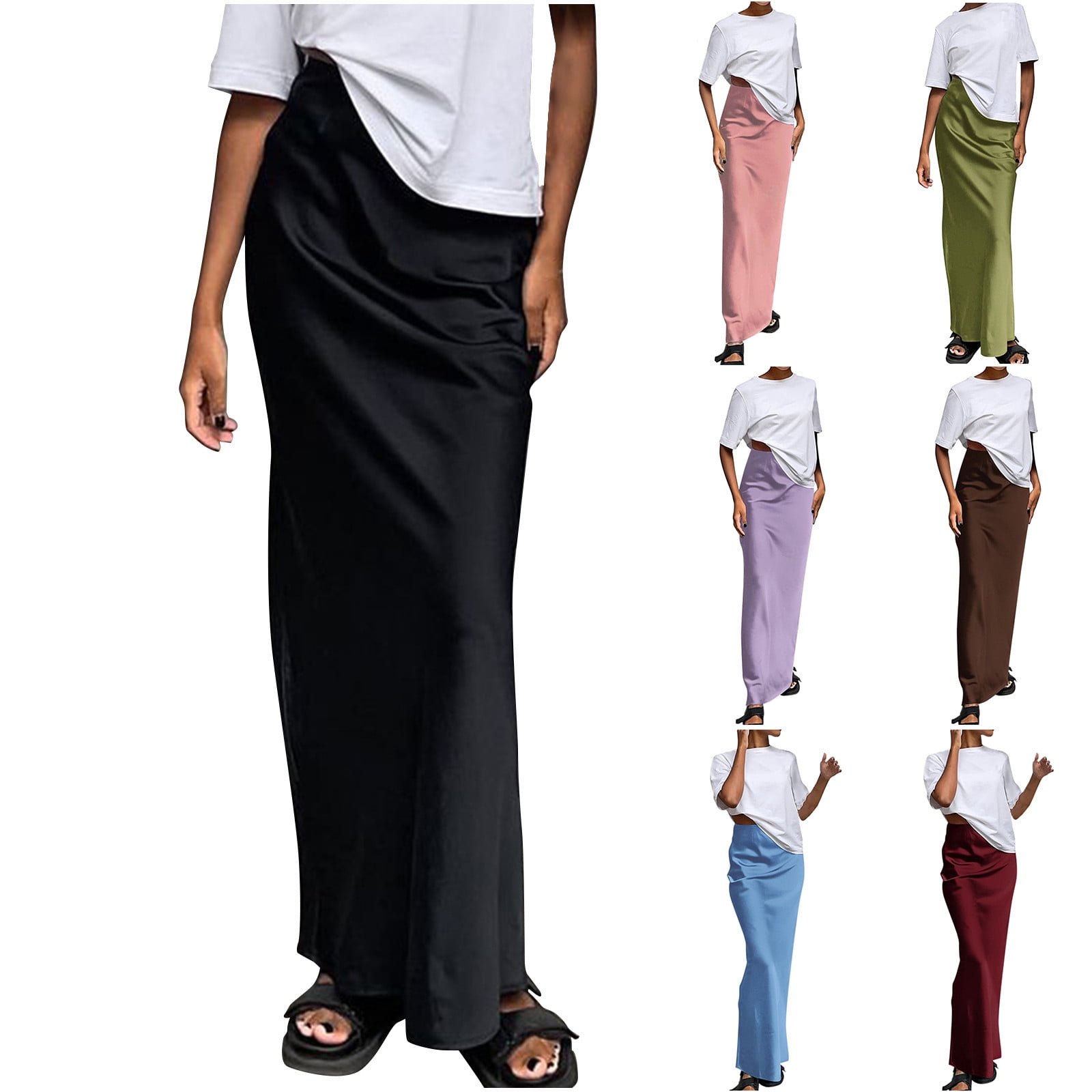Elainilye Fashion Long Skirts for Women Flowing Satin Drop Fishtail ...
