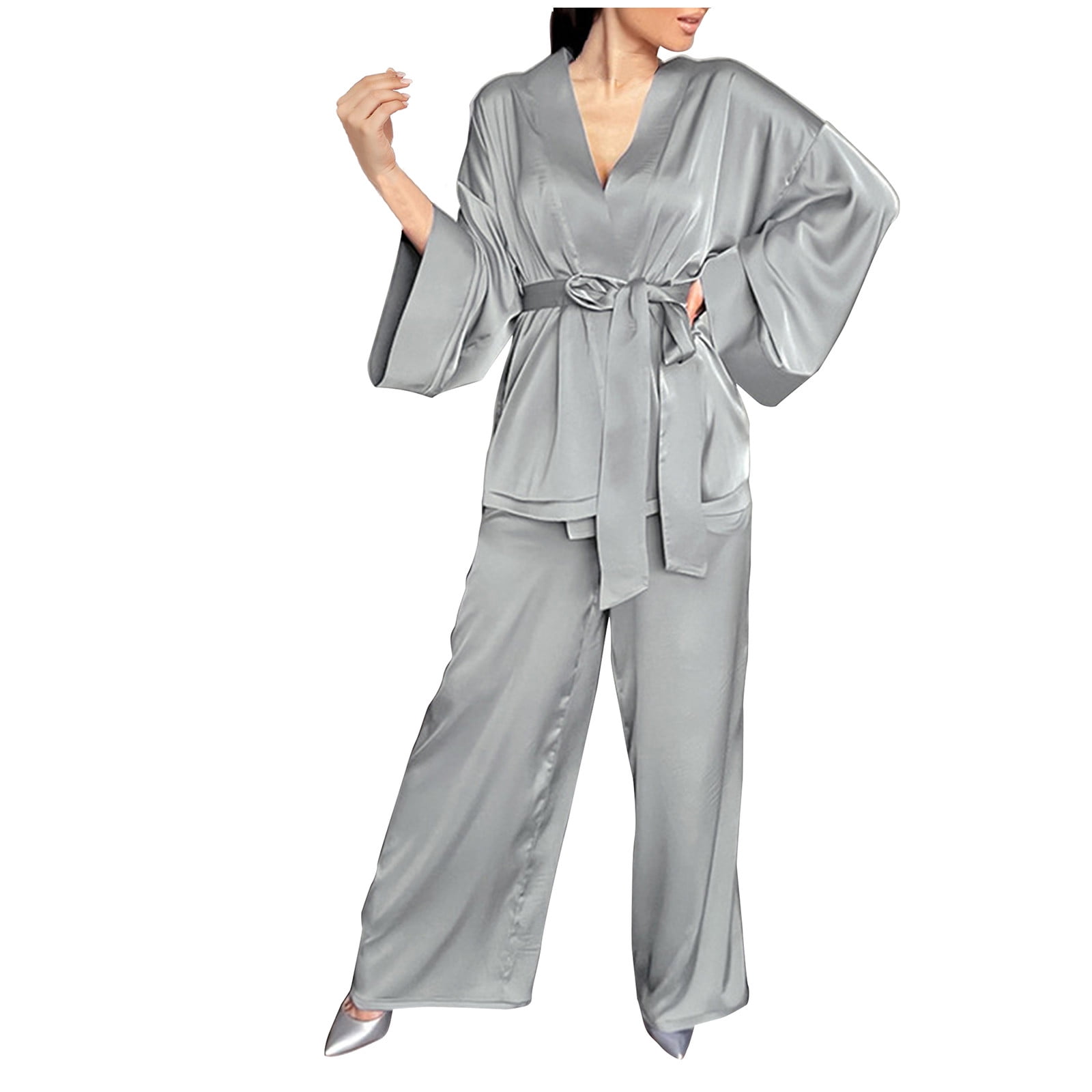 Elainilye Fashion Robes For Women Long-sleeved V-neck Satin Robe ...