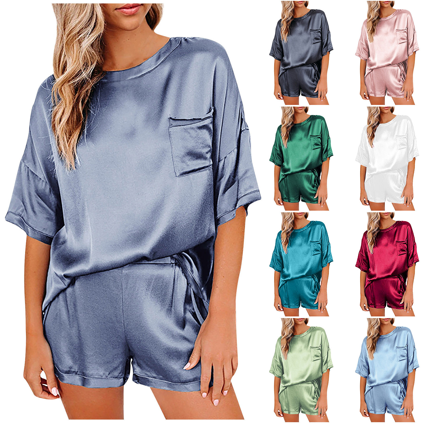 Elainilye Fashion Silk Pajamas for Women Two Piece Silk Plain Print ...