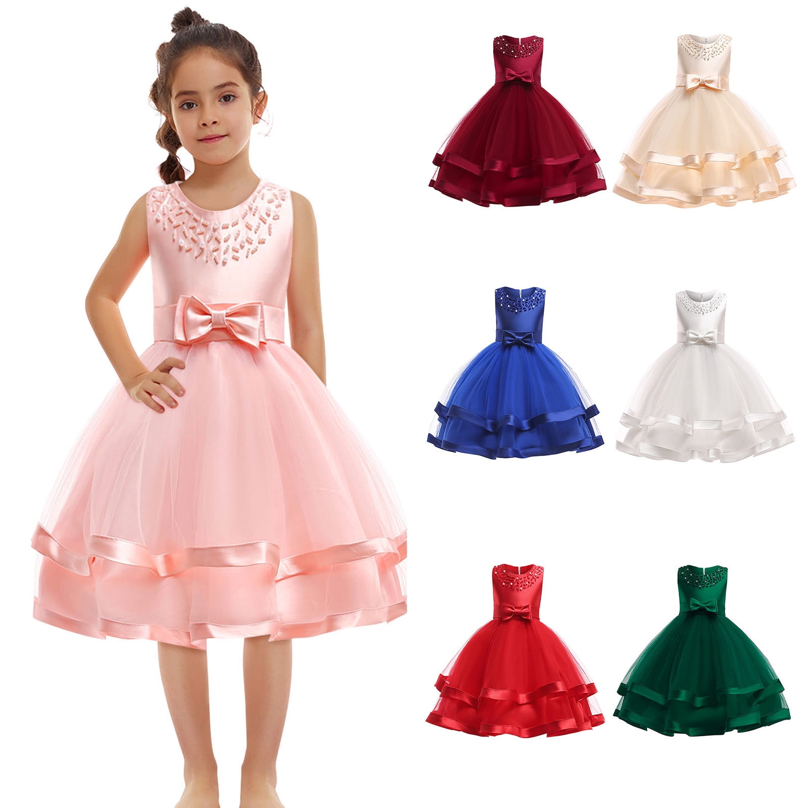 Elainilye Fashion Toddler Girls Princess Dress Pearl Net Yarn Bowknot ...