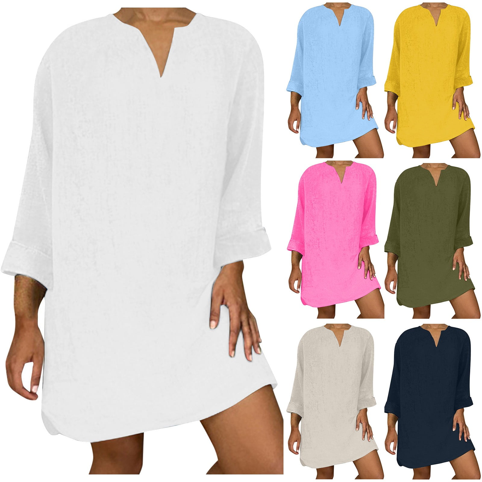 Elainilye Fashion Women Dresses V-Neck Loose Plus Size Cotton and Linen ...
