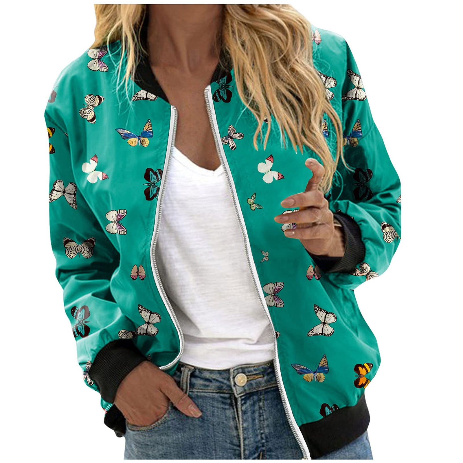 Elainilye Fashion Women's Lightweight Jacket Floral Print Zipper ...