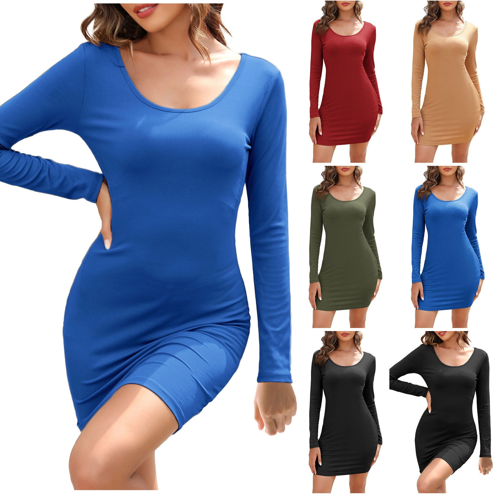 Elainilye Fashion Womens Dresses Solid Color Bodycon Dress Long Sleeve ...