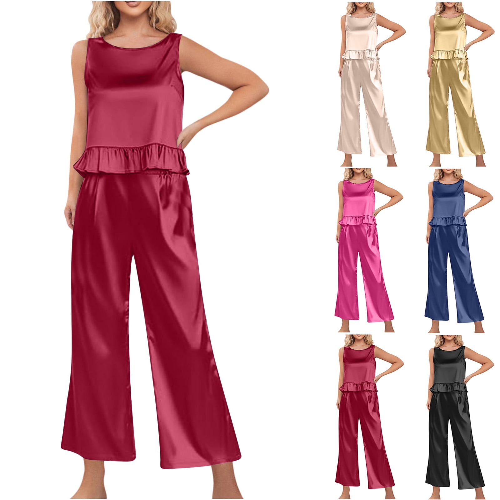 Elainilye Fashion Womens Silk Pajamas Set Sleeveless Tank Crop Top and ...