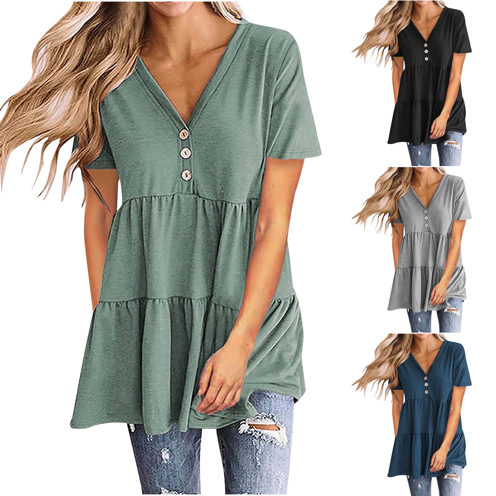 Elainilye Fashion Womens Tops Casual T-shirt Solid V-Neck Split ...