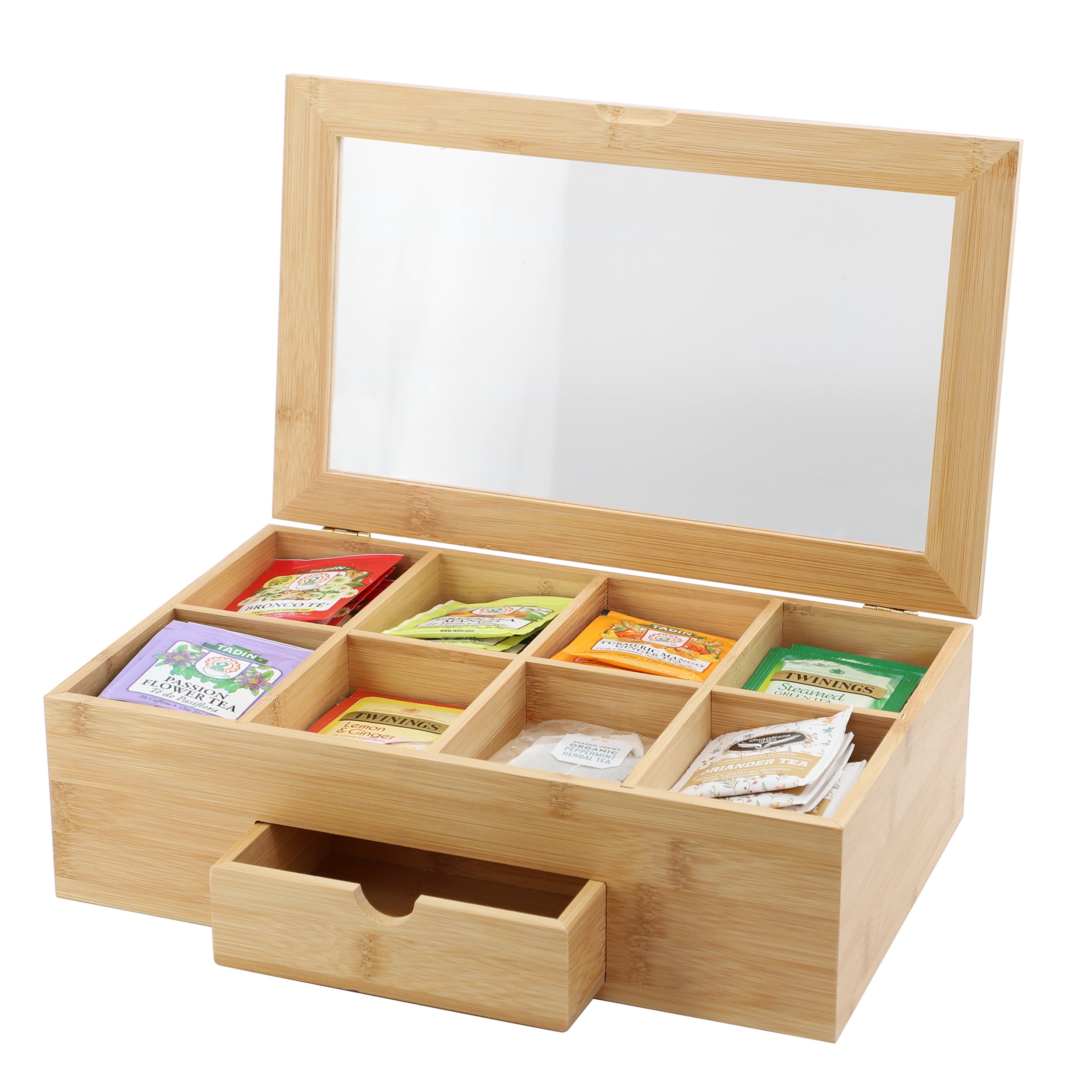 Elama 13 x 8 Inch Bamboo Tea Box Organizer with Acrylic Top Window ...