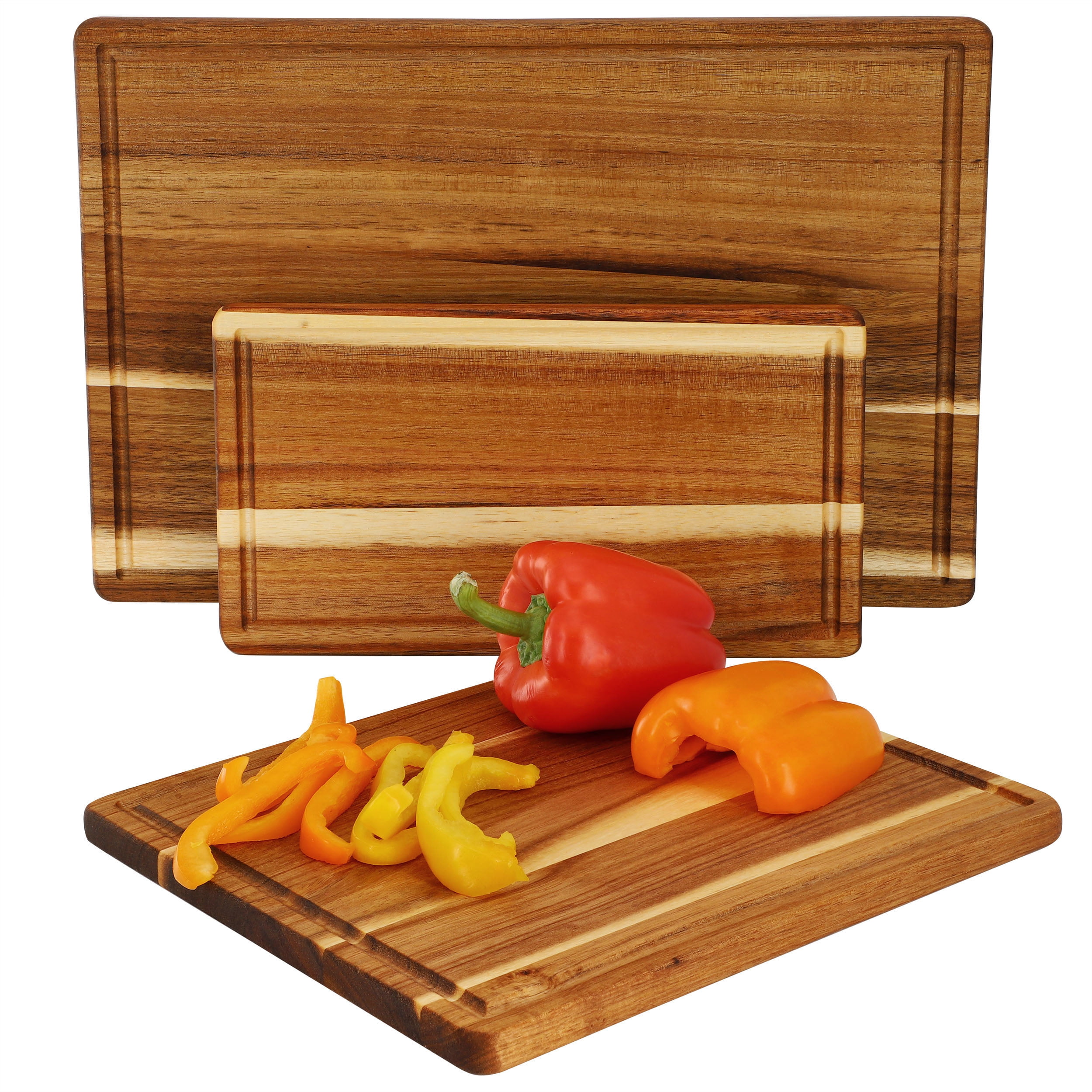 Elama 3 Piece 7 Inch, 10 Inch, and 17 Inch Acacia Wood Cutting Board Set with Juice Grooves ...